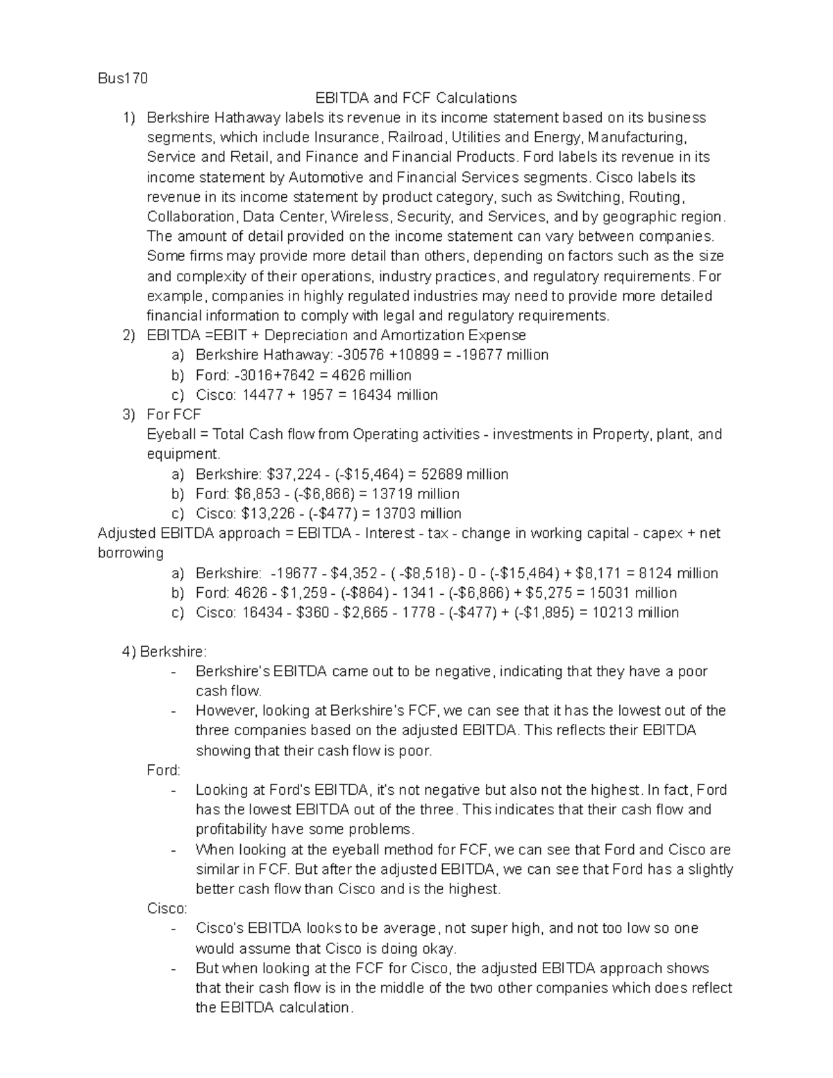 BUS170 Ebitda and FCF calculations - Bus EBITDA and FCF Calculations ...