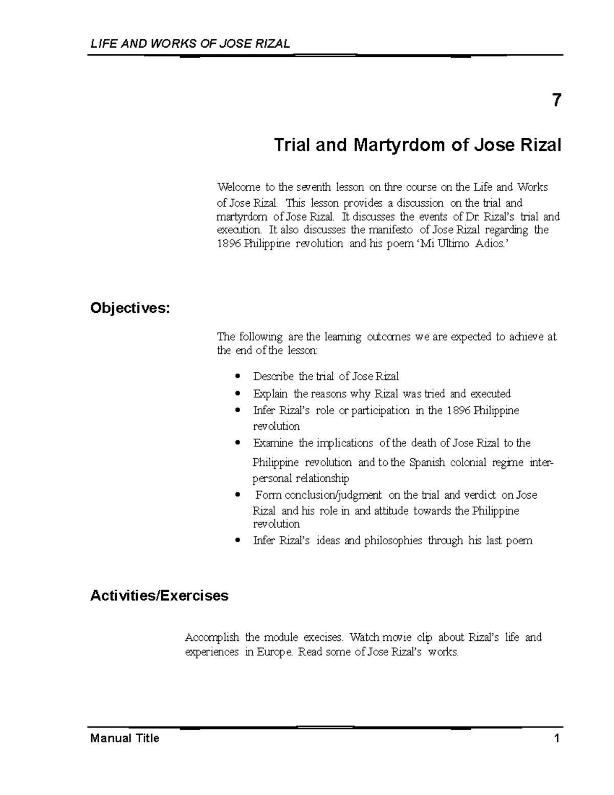 W8 Lesson 7 Trial and Martyrdom of Jose Rizal - Module - LIFE AND WORKS ...