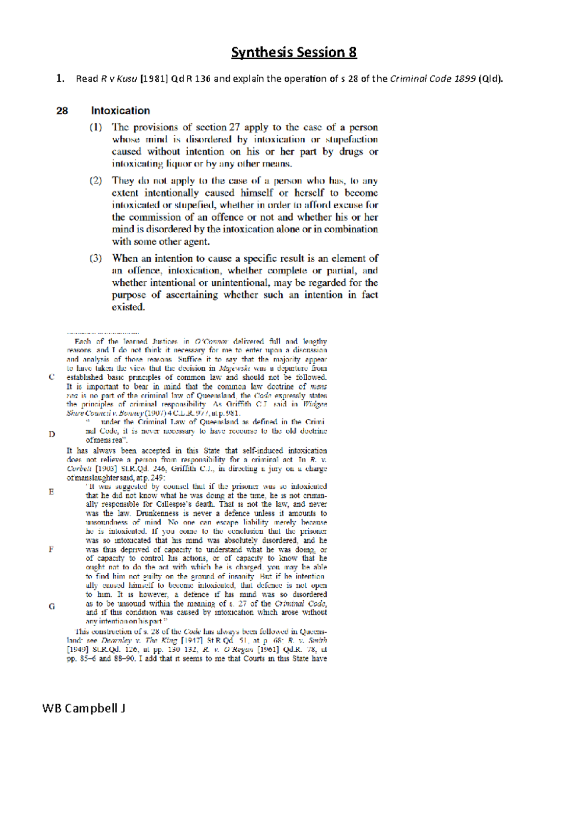 Week 9 Criminal Law Synthesis Session 8 - Synthesis Session 8 1. Read R ...