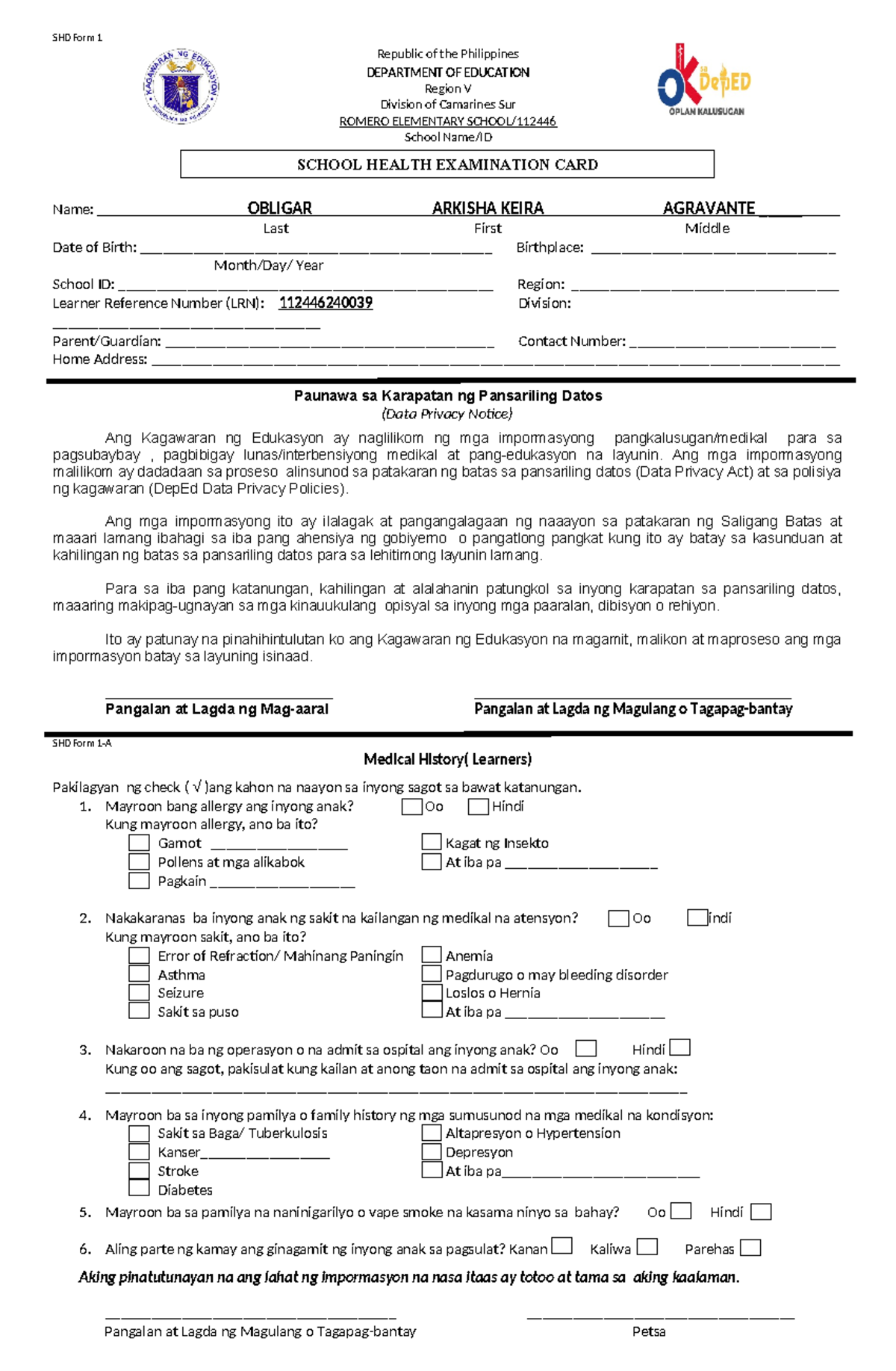New health card Final 1 1 - SHD Form 1 Republic of the Philippines ...