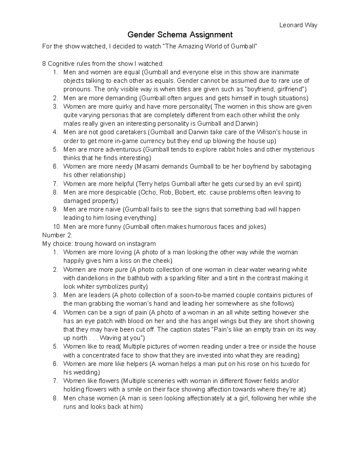Gender Schema - Leonard Way Gender Schema Assignment For the show ...