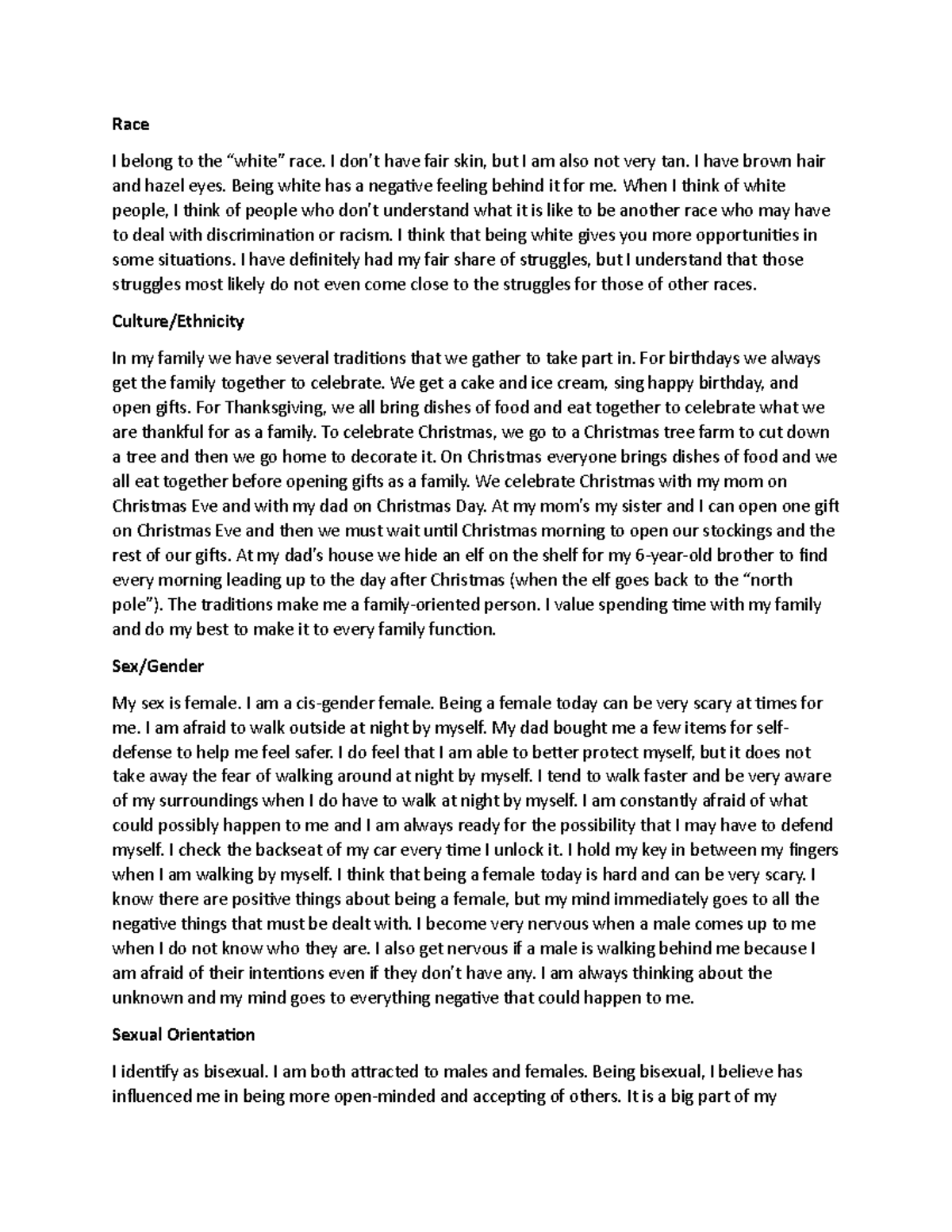 PY230 diversity self-reflection paper - Race I belong to the “white ...