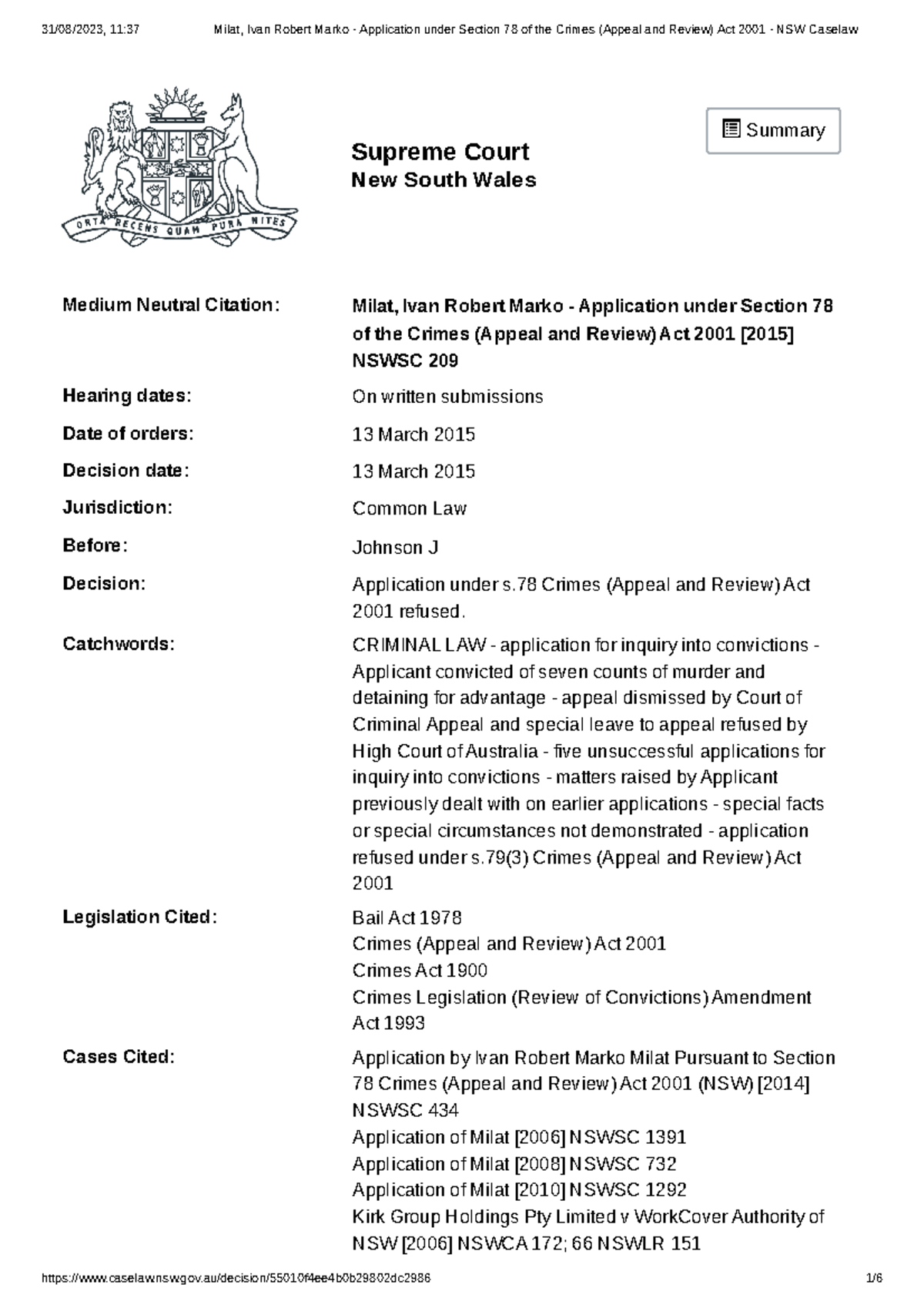 Milat, Ivan Robert Marko - Application under Section 78 of the Crimes ...