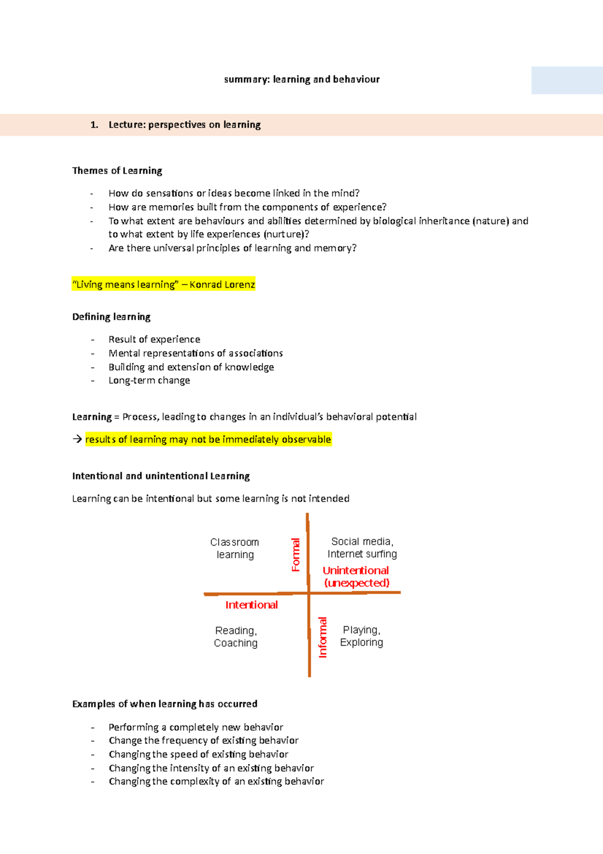 Summary Learningand Behavior Summary Learning And Behaviour Lecture