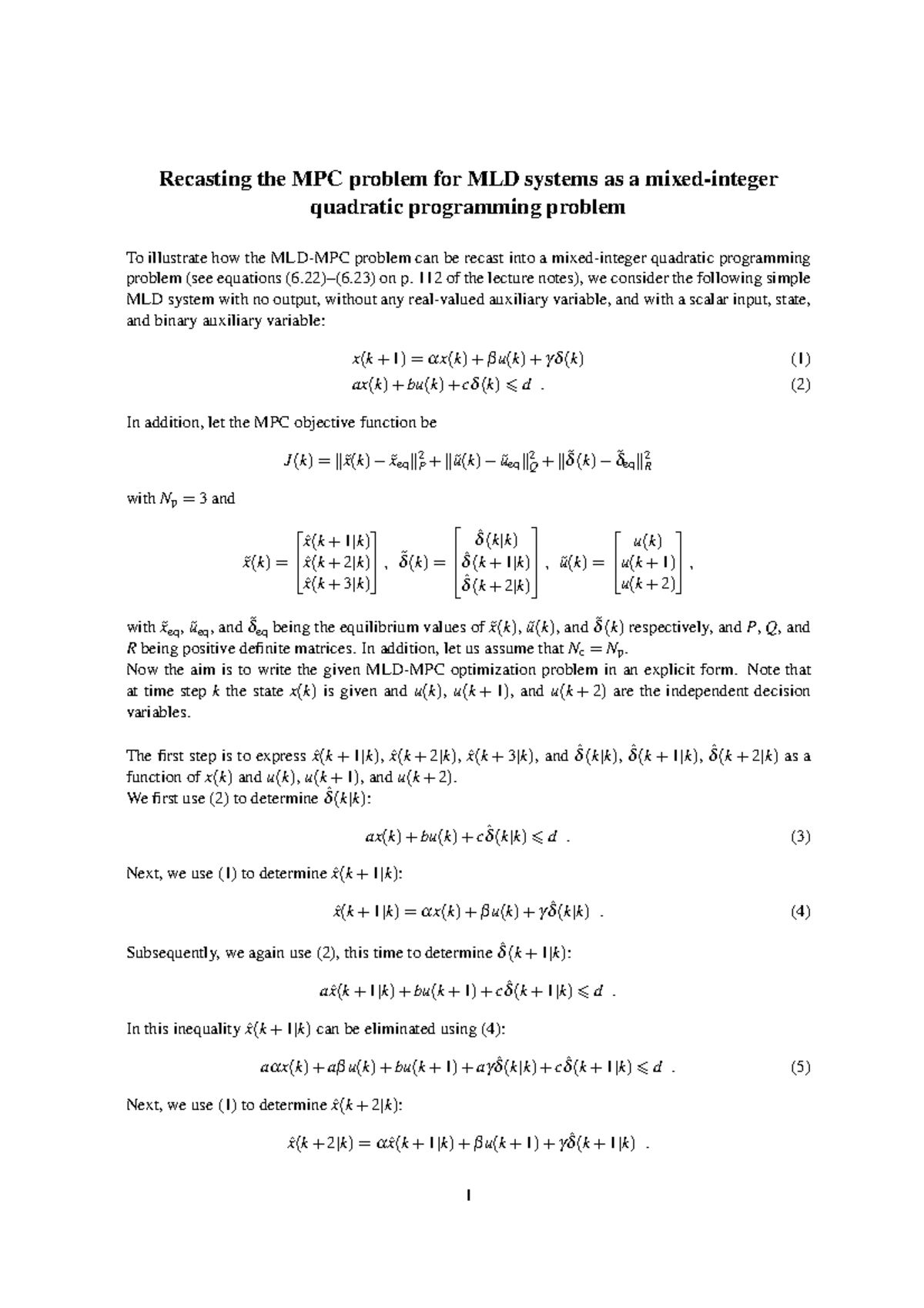 Handout Chapter 6 Mld Recasting The Mpc Problem For Mld Systems As A Mixed Integer Quadratic