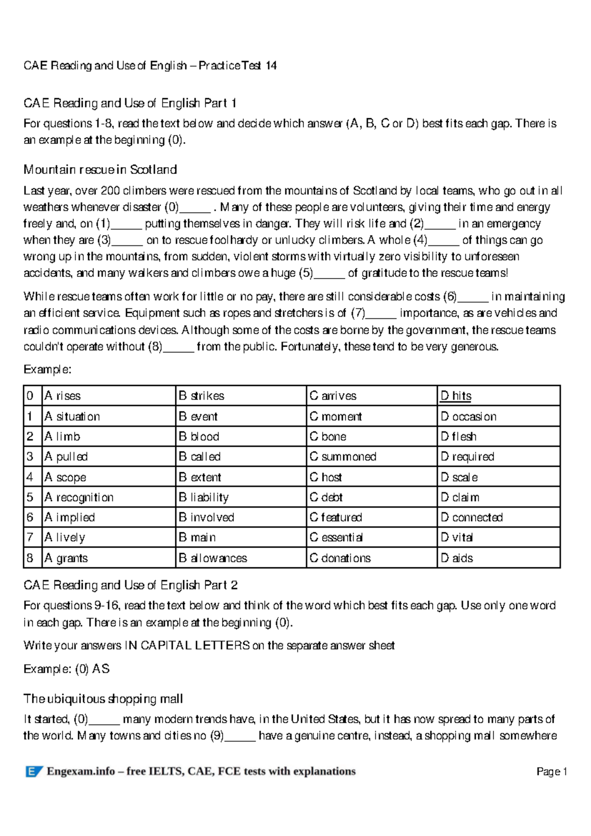 CAE Reading and Use of English Practice Test 14 Printable - CAE Reading ...