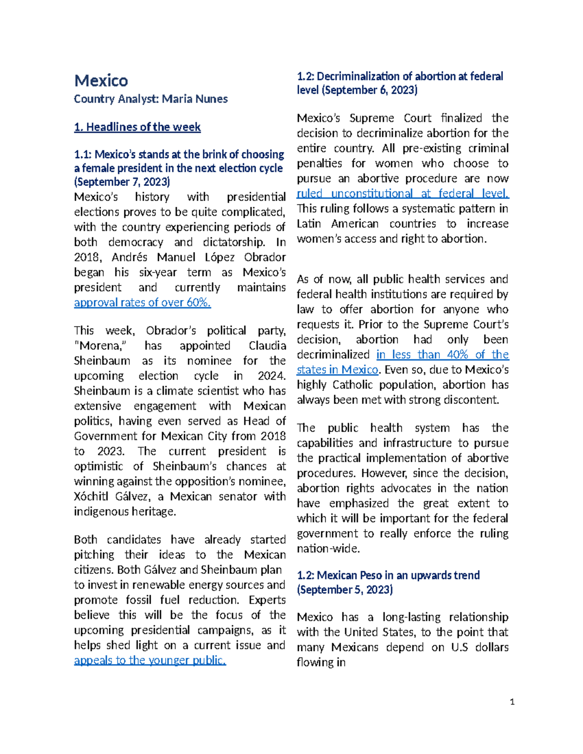 Mexico Week1 - Mexico Country Analyst: Maria Nunes 1. Headlines of the ...