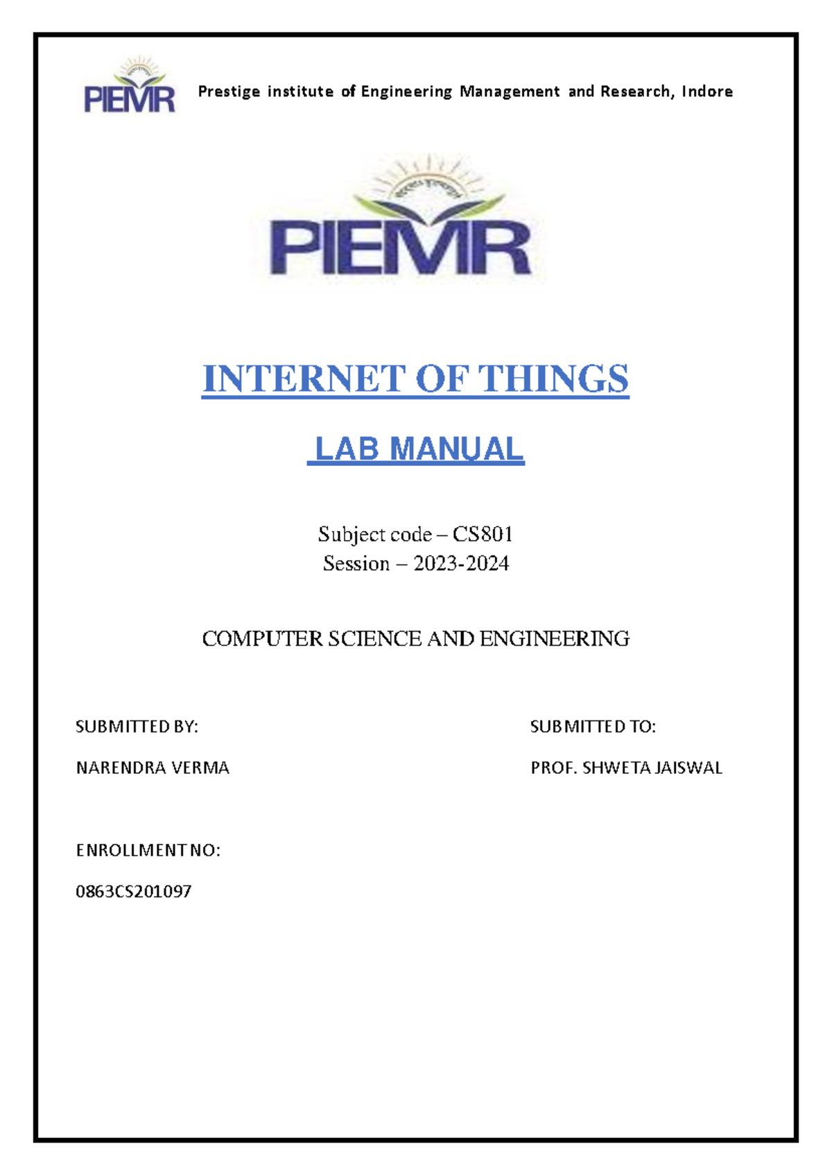 IOT LAB Manual file - INTERNET OF THINGS LAB MANUAL Subject code – CS ...