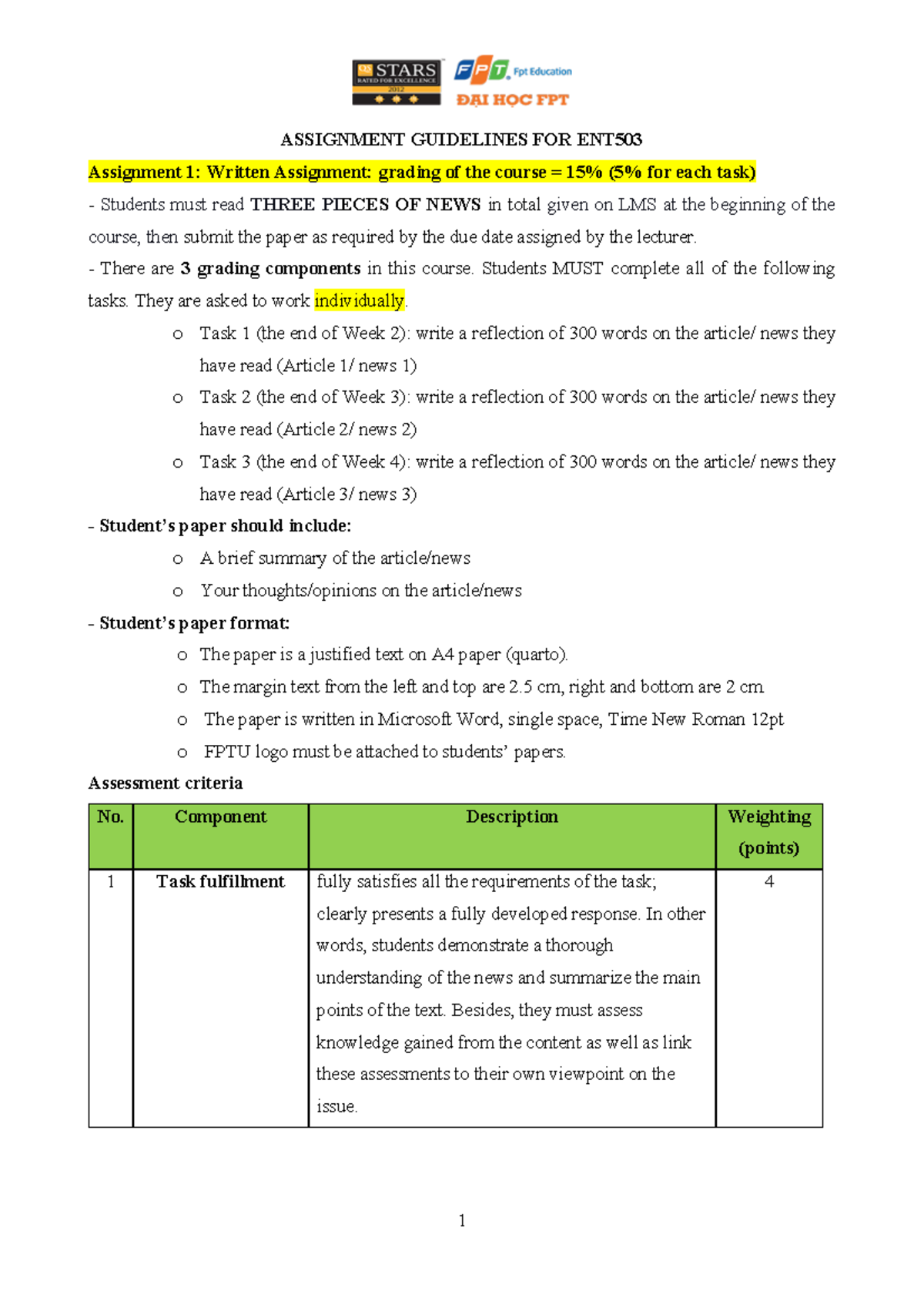 ENT503 Assignment 1 FA22 - ASSIGNMENT GUIDELINES FOR ENT Assignment 1: Written Assignment ...