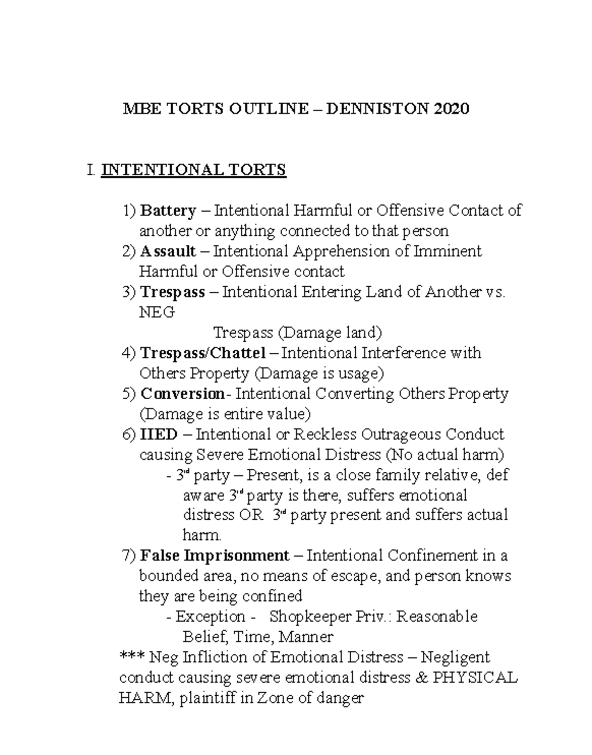 MBE Torts Outline - Brad - MBE TORTS OUTLINE – DENNISTON 2020 I ...