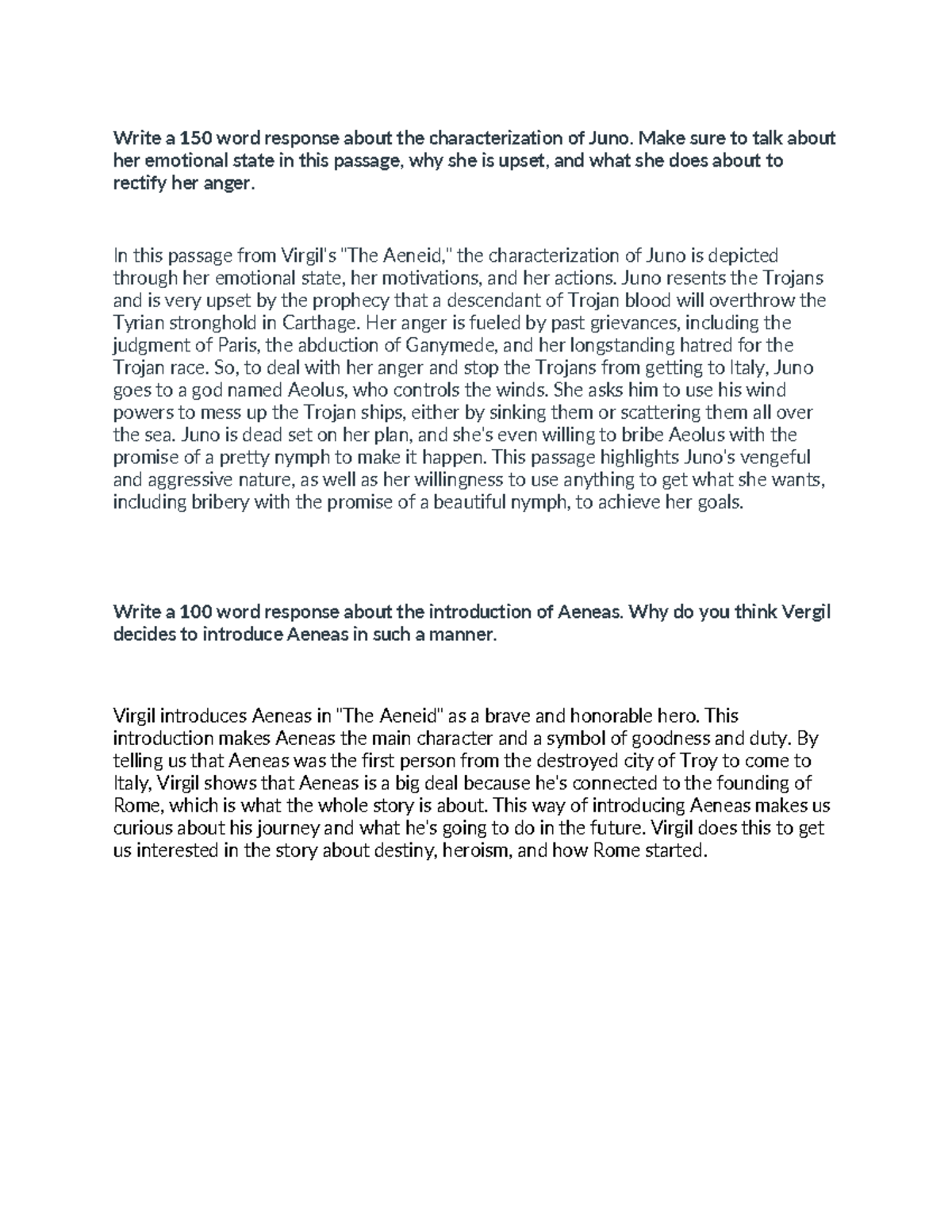 Aeneas first 100 lines writing - Write a 150 word response about the ...