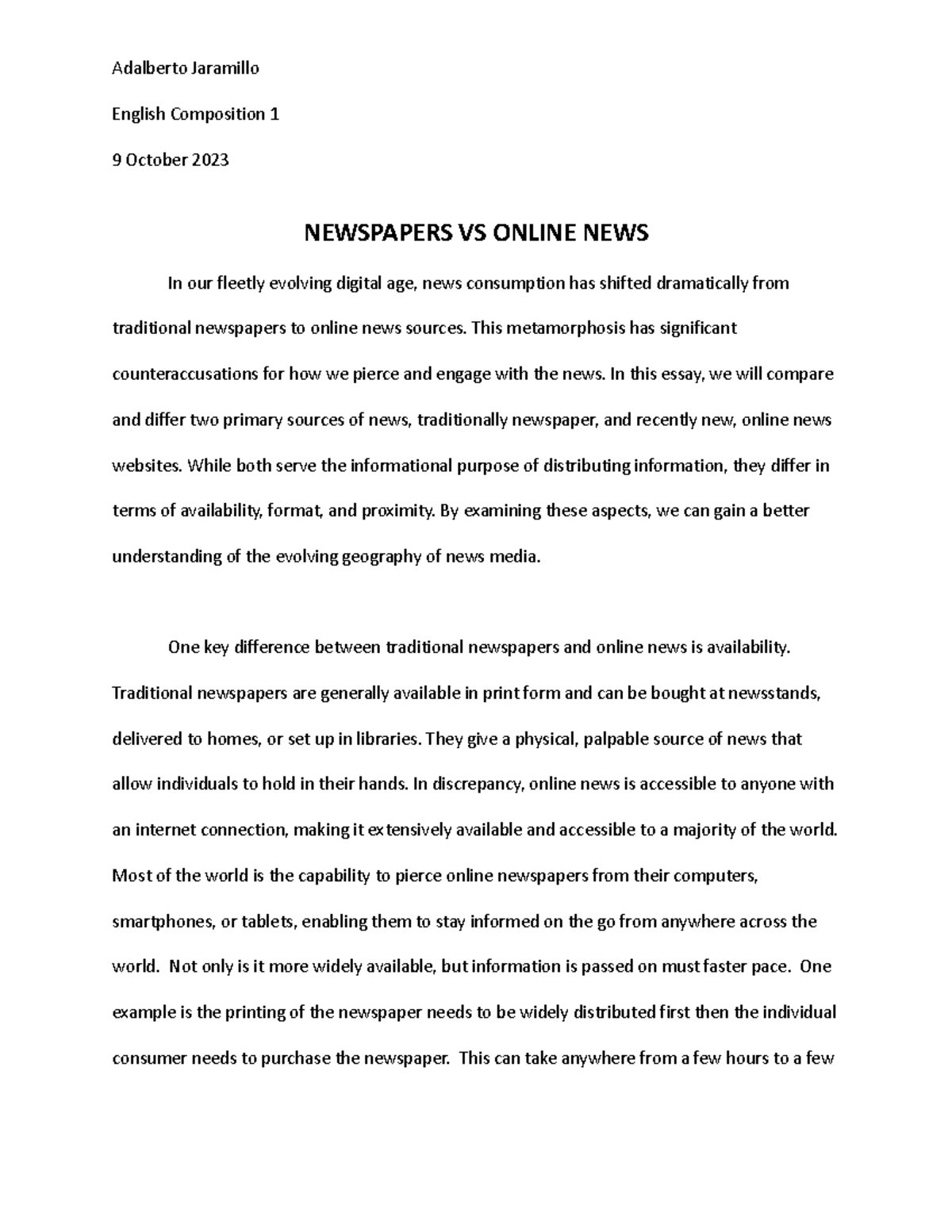 Touch-Stone 2 - English Composition 1 9 October 2023 NEWSPAPERS VS ...