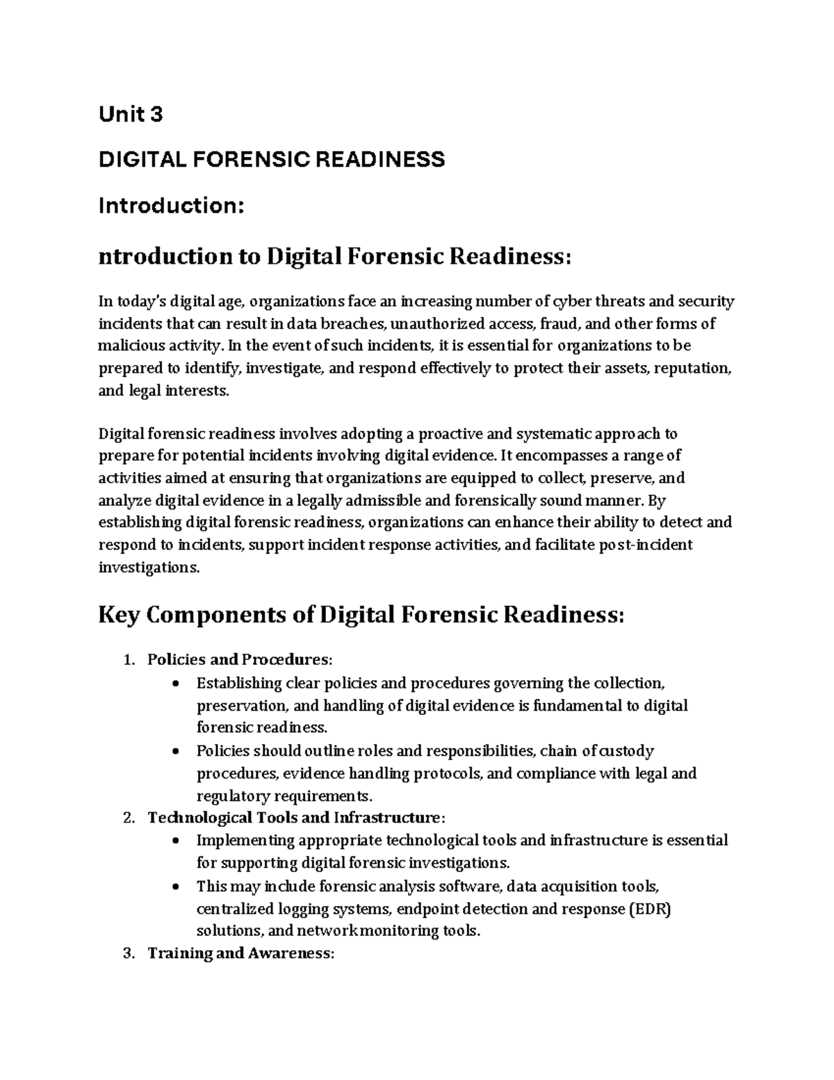 Digital and mobile forensics unit 3 - Unit 3 DIGITAL FORENSIC READINESS Introduction ...