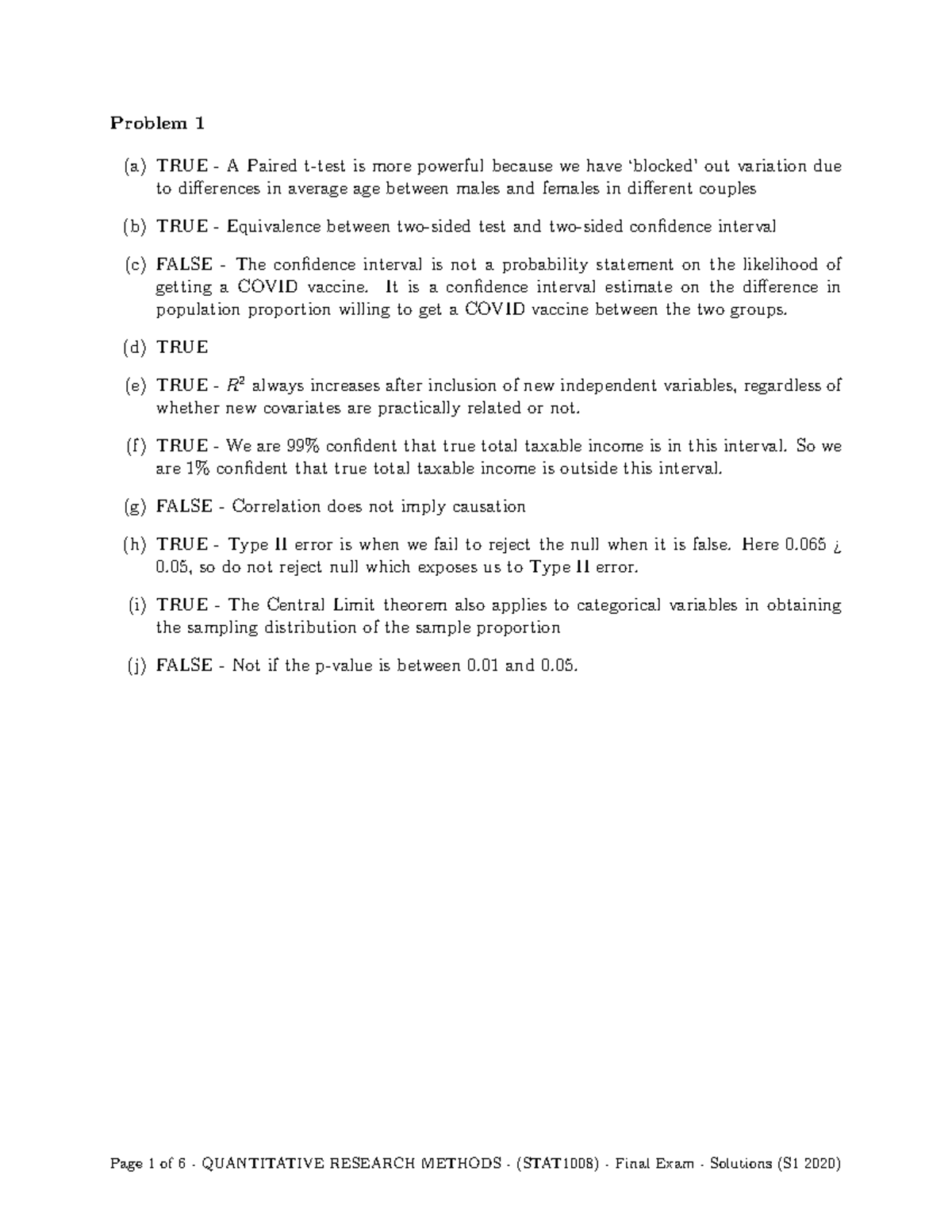 STAT1008 Final Exam Practice Paper 3 Solutions - (a) TRUE - A Paired t ...