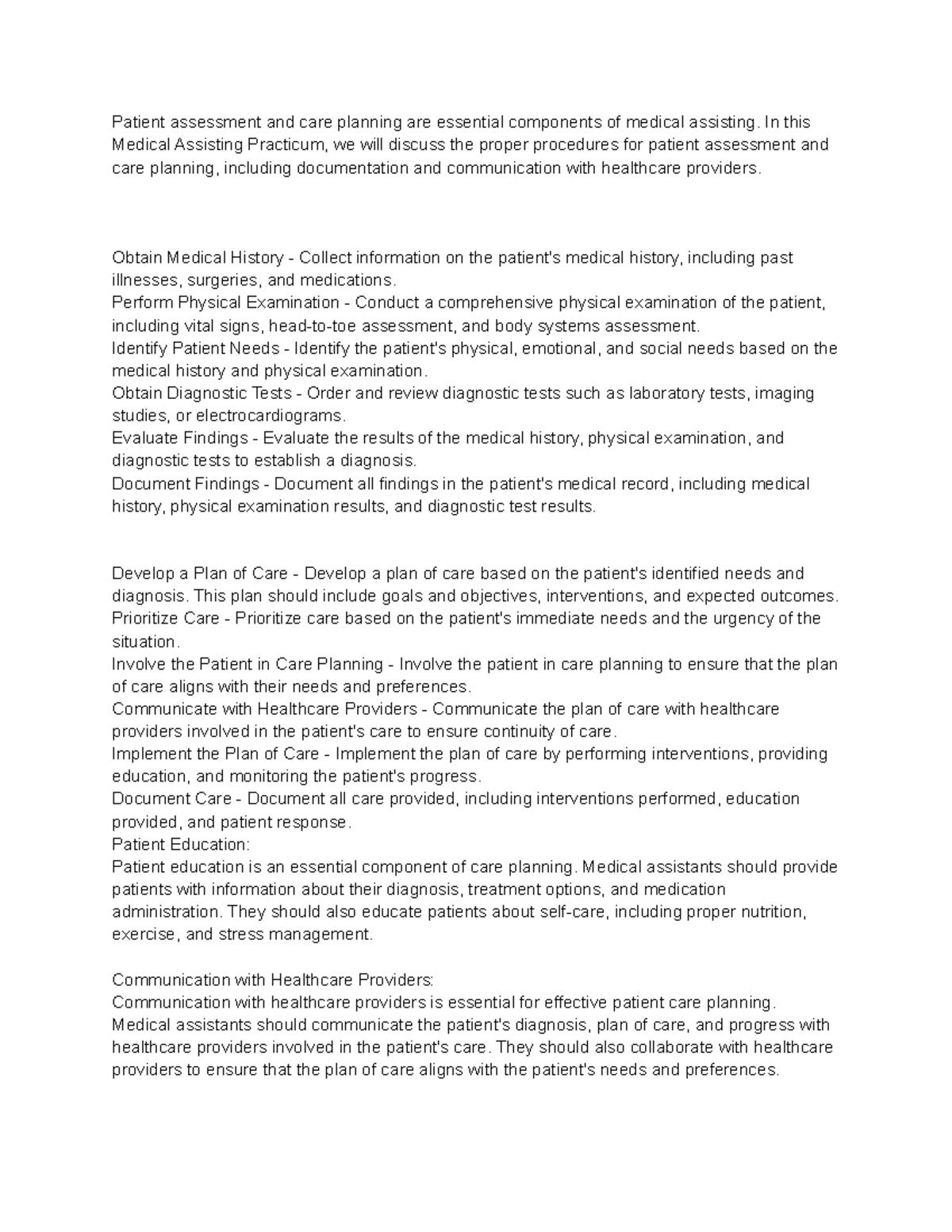 Patient Assessment and Care Planning in Medical Assisting - Studocu