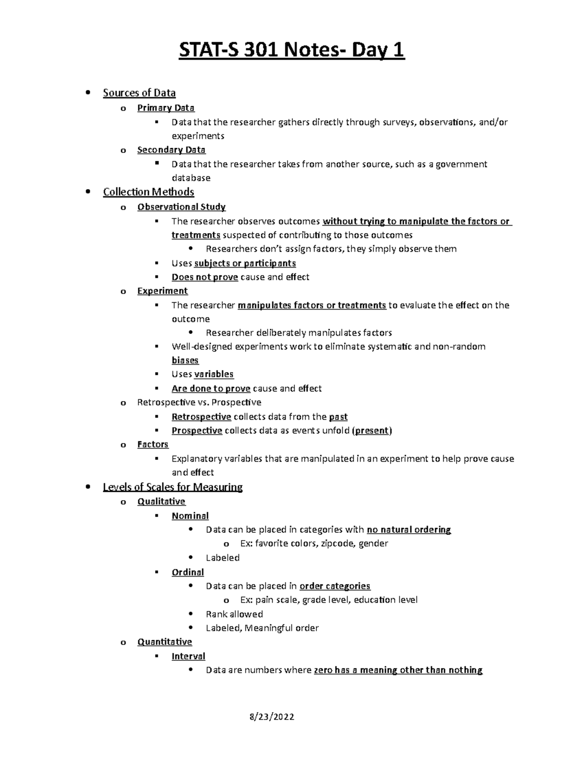 Stat S 301 Notes Day 1 Hyesun Stat S 301 Notes Day 1 Sources Of Data O Primary Data Data