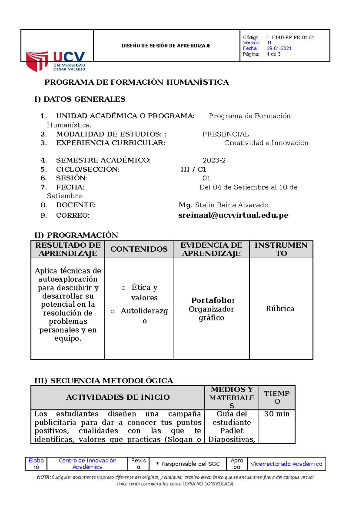Diseño DE Sesión DE Aprendizaje 01 - DISEÑO DE SESIÓN DE APRENDIZAJE Código : F14D-PP-PR-01 ...