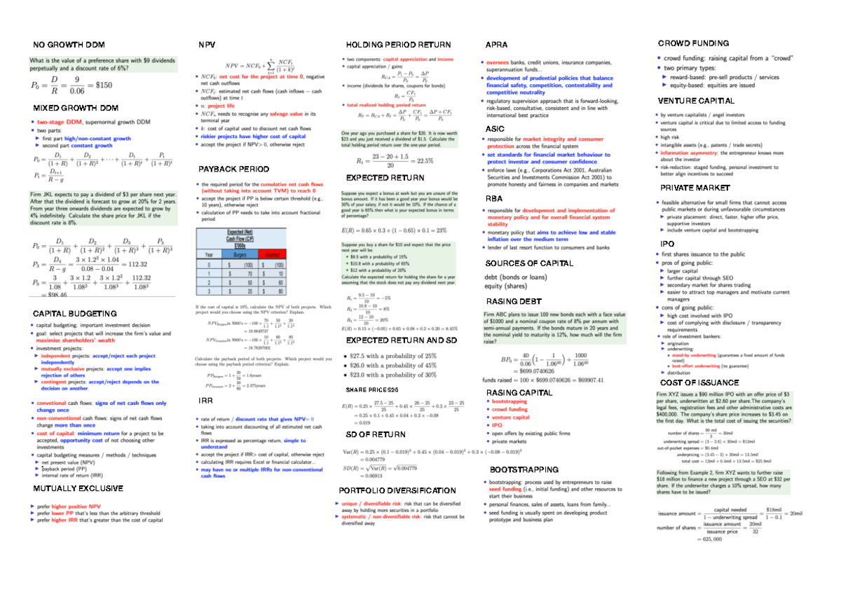 ACST101 Cheat Sheet - NO GROWTH DDM MIXED GROWTH DDM CAPITAL BUDGETING ...