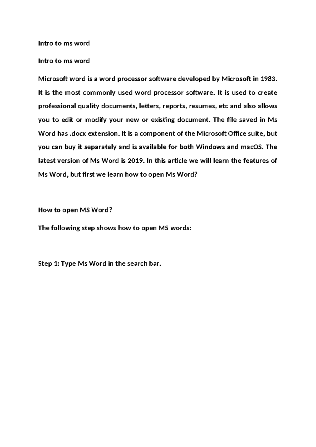 Intro to ms word - Intro to ms word Intro to ms word Microsoft word is ...