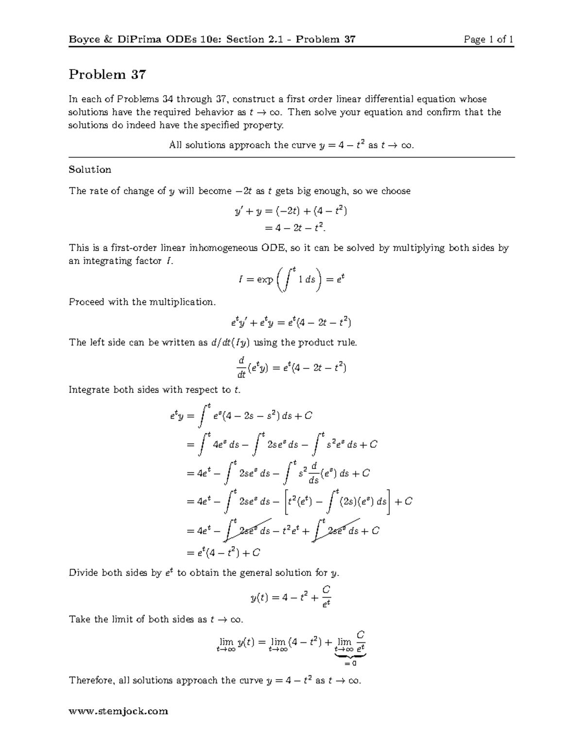 Boyce ODEch 2s1p37 - WORK AND EXAMPLE - Boyce & DiPrima ODEs 10e: Section 2 - Problem 37 Page 1 ...