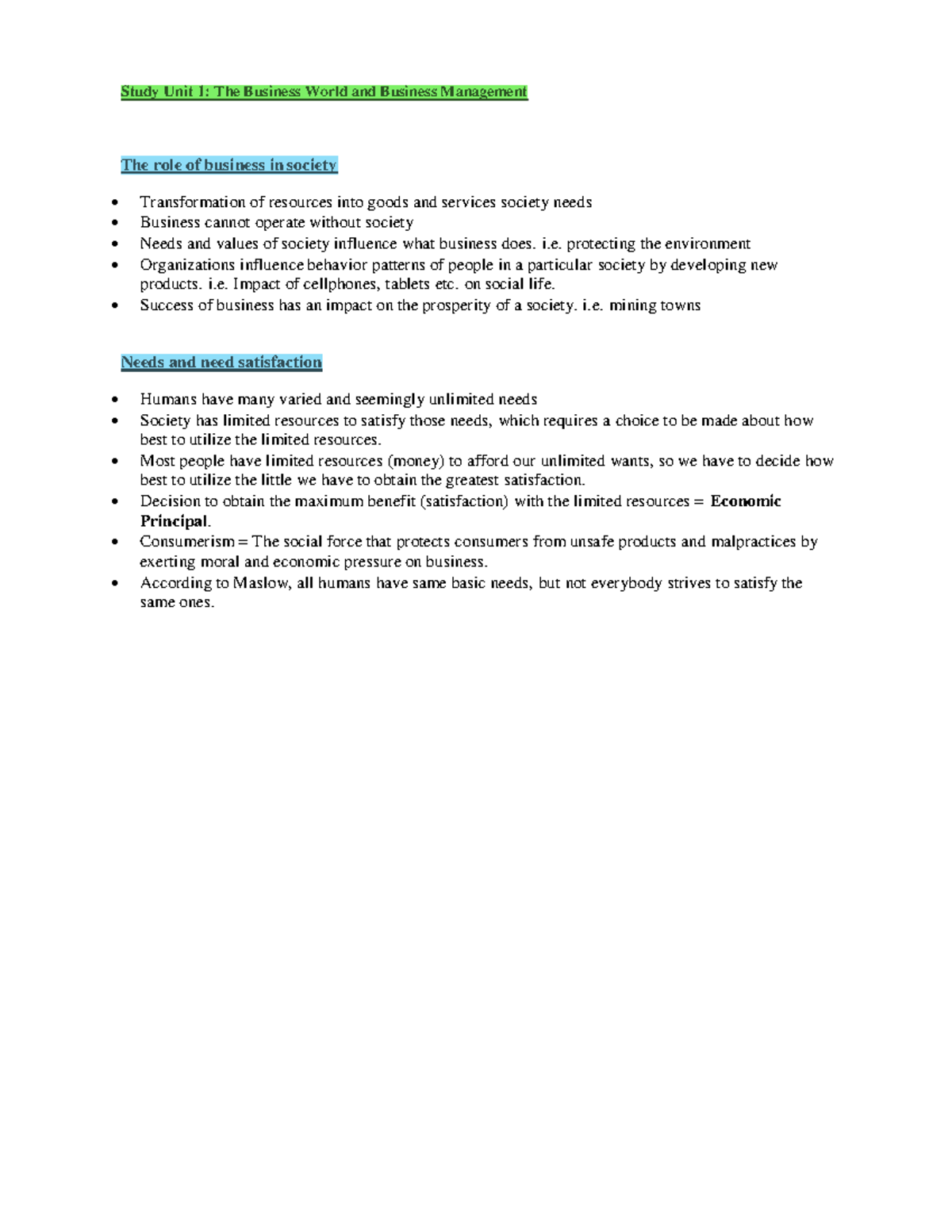 Business Management Notes - Study Unit 1: The Business World and ...