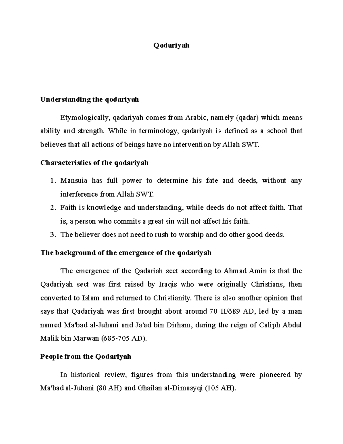 Qodariyah - Etymologically, qadariyah comes from Arabic, namely (qadar ...