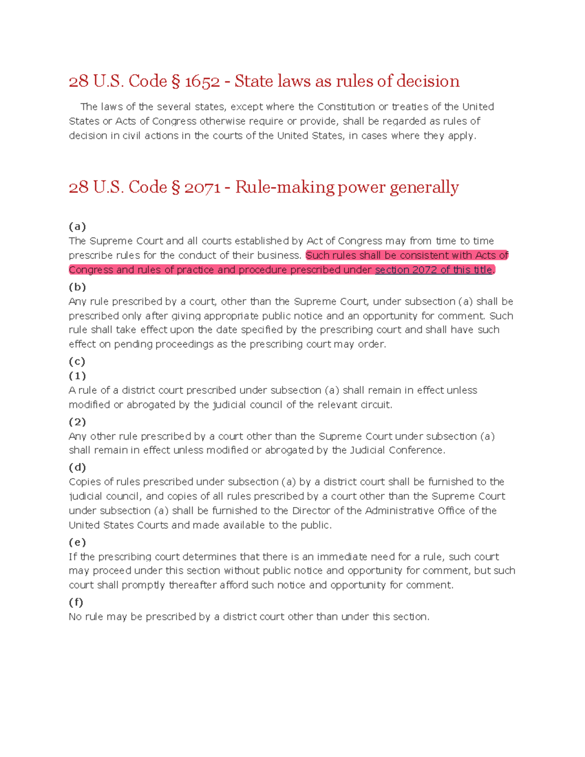 Statutory Handout - 28 U. Code § 1652 - State laws as rules of decision ...