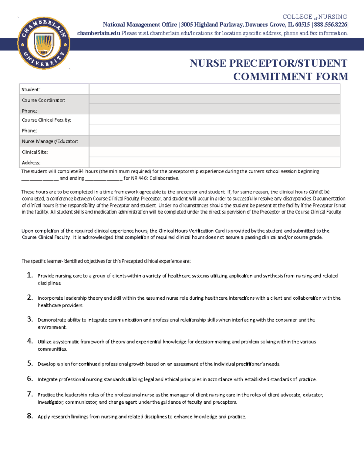 NR446 Preceptor Student Commitment Form - NR-562 - Chamberlain ...