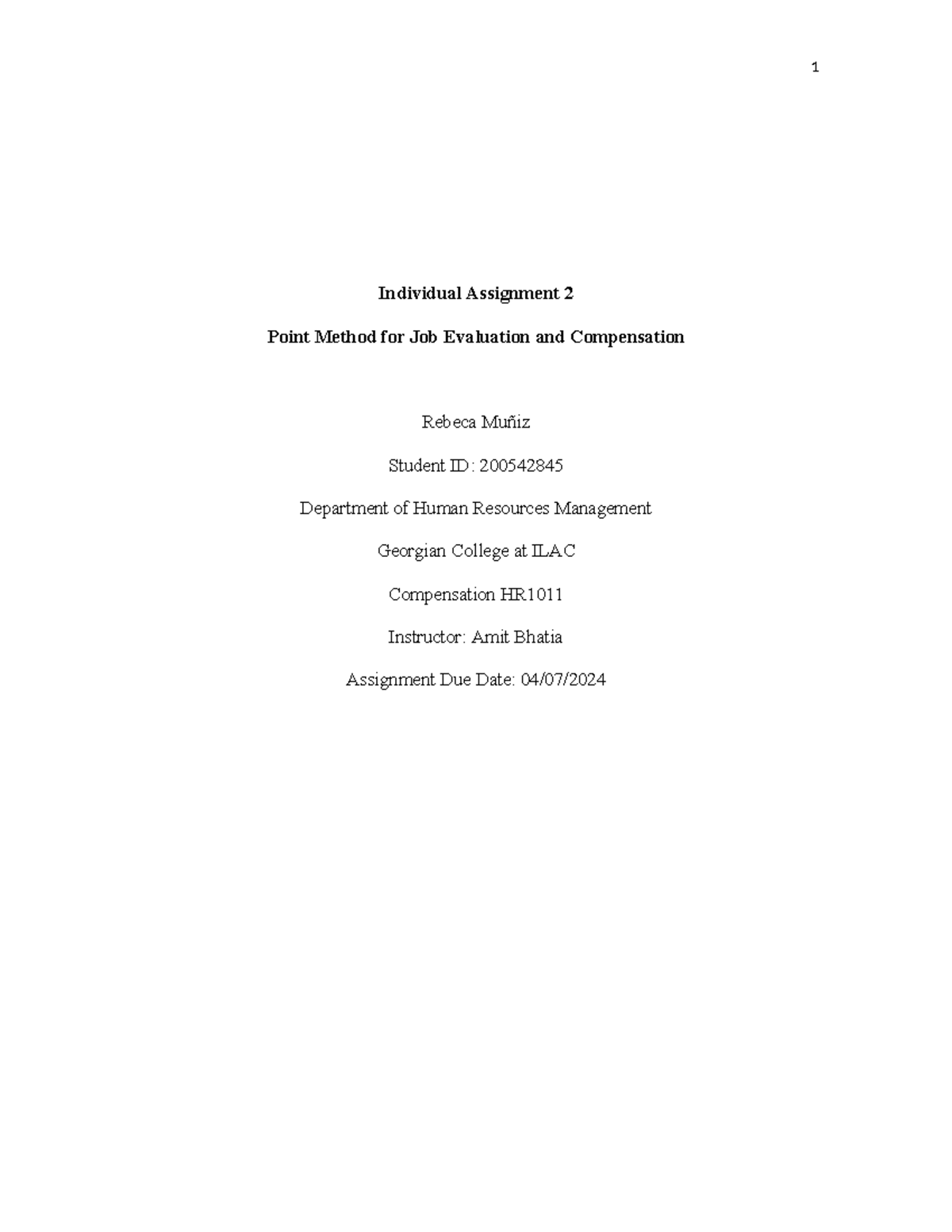 Assignment 2 - Point Method - Individual Assignment 2 Point Method for Job Evaluation and - Studocu