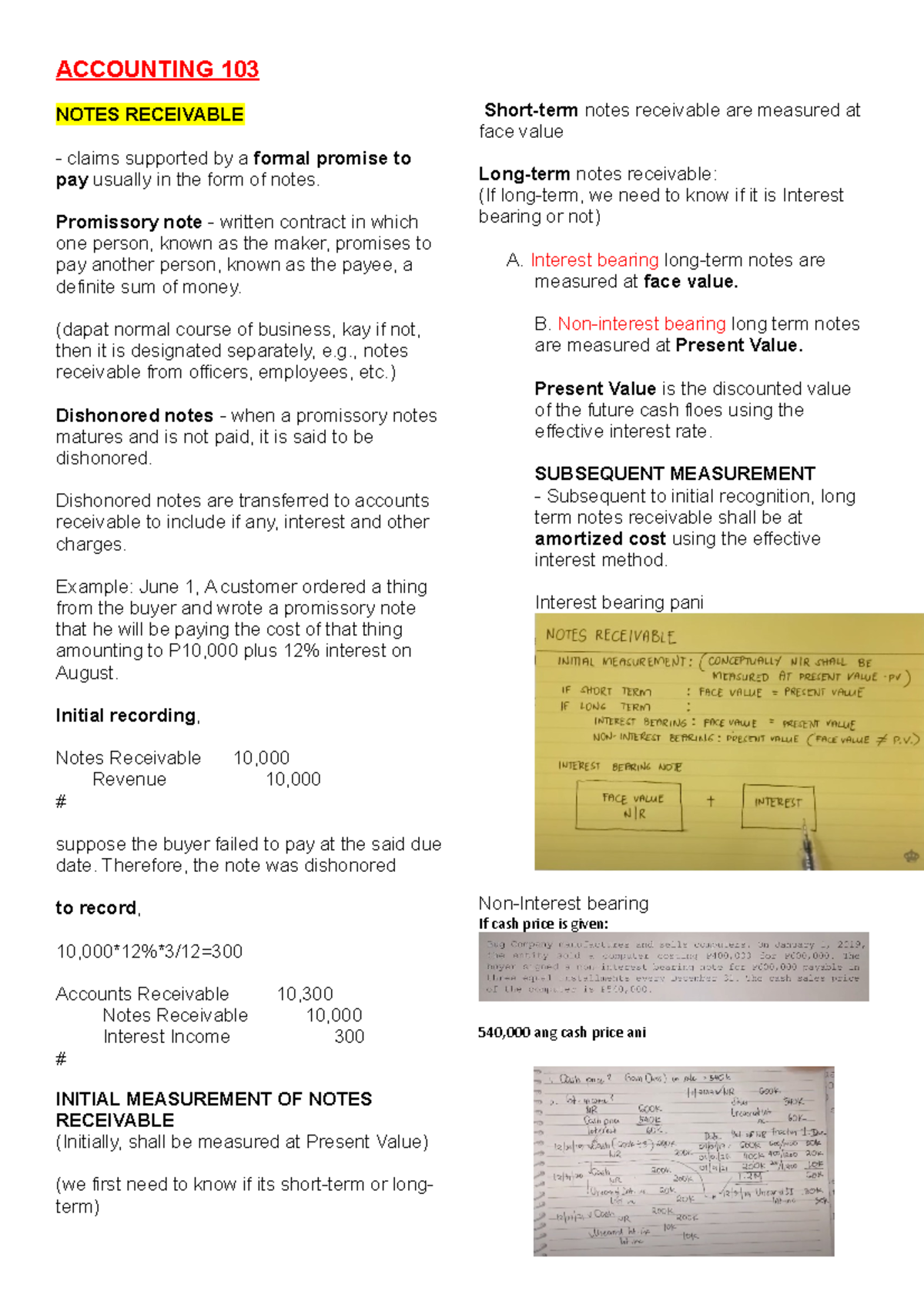 Accounting 103 - ACCOUNTING 103 NOTES RECEIVABLE claims supported by a ...