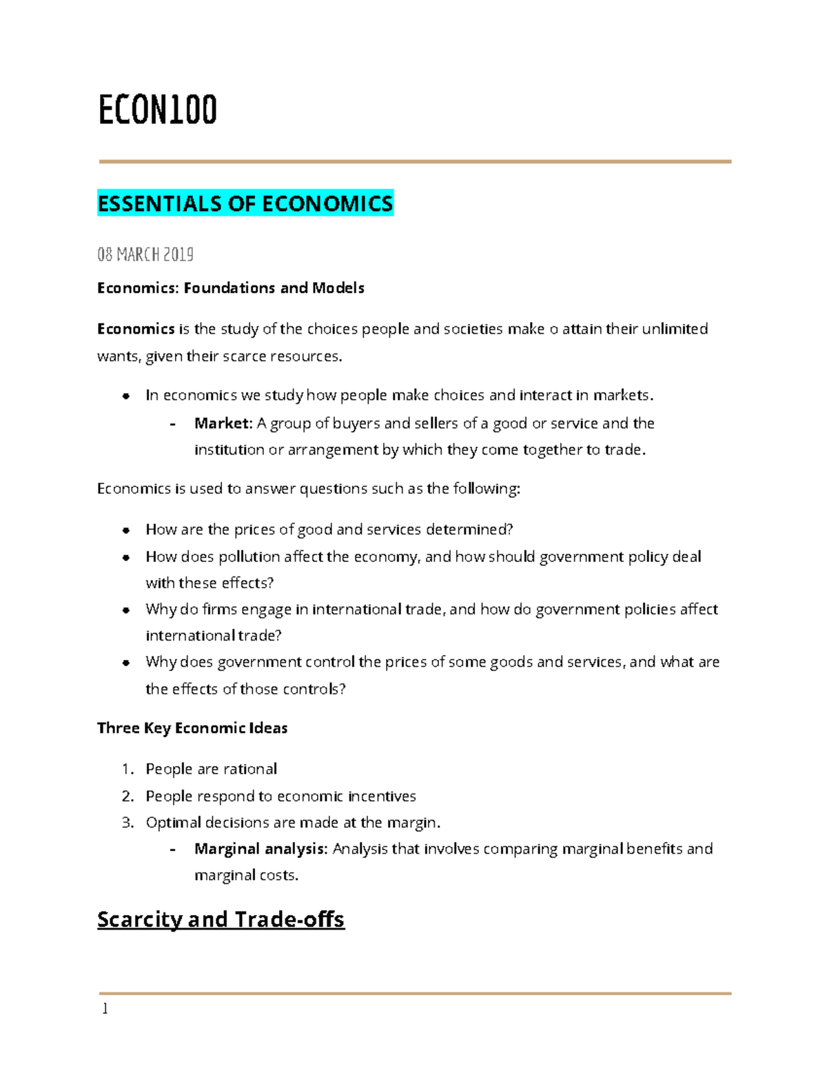 ECON100 Class notes - ECON100 ESSENTIALS OF ECONOMICS 08 MARCH 2019 ...