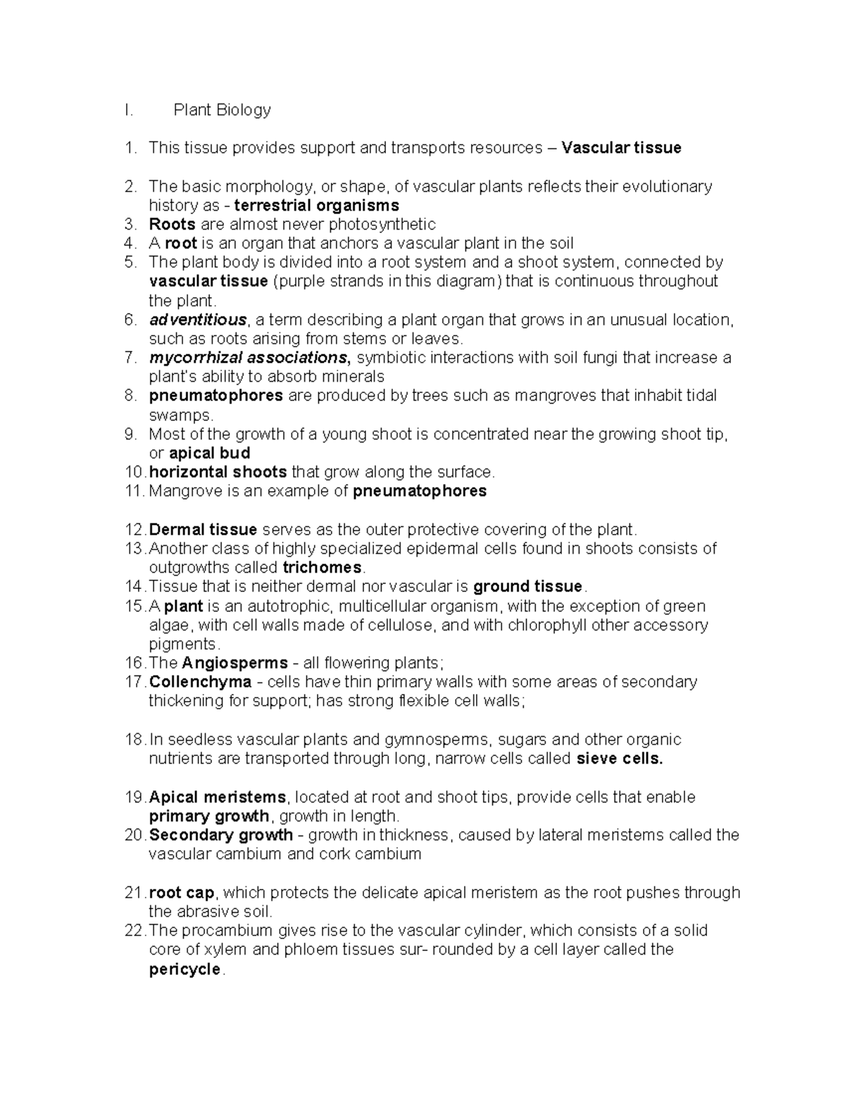 Plant Biology Test - I. Plant Biology This tissue provides support and ...