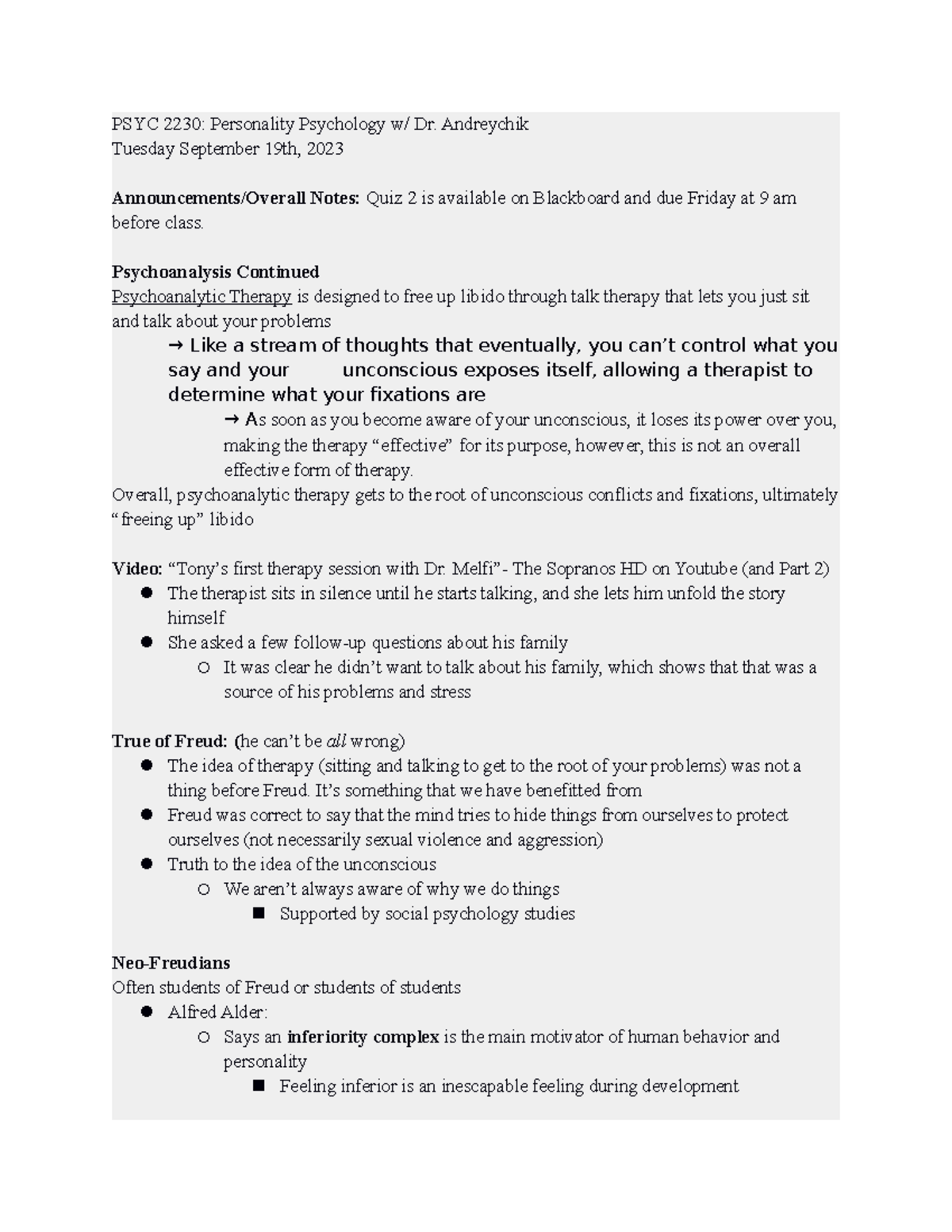 9 19 - Andreychik - PSYC 2230: Personality Psychology w/ Dr. Andreychik ...
