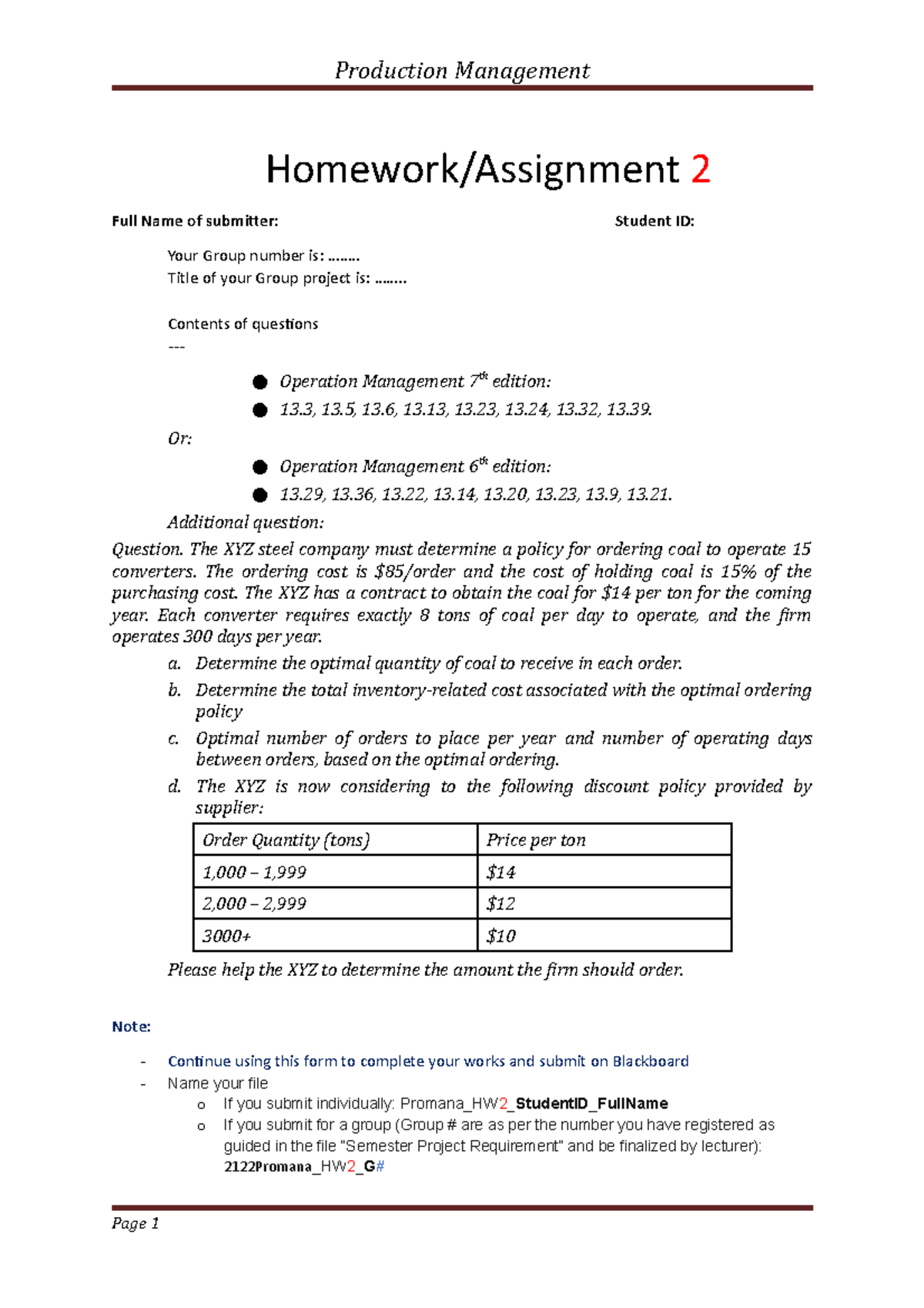 Assignment 2 - Inventory management - Production Management Homework/Assignment 2 Full Name of ...