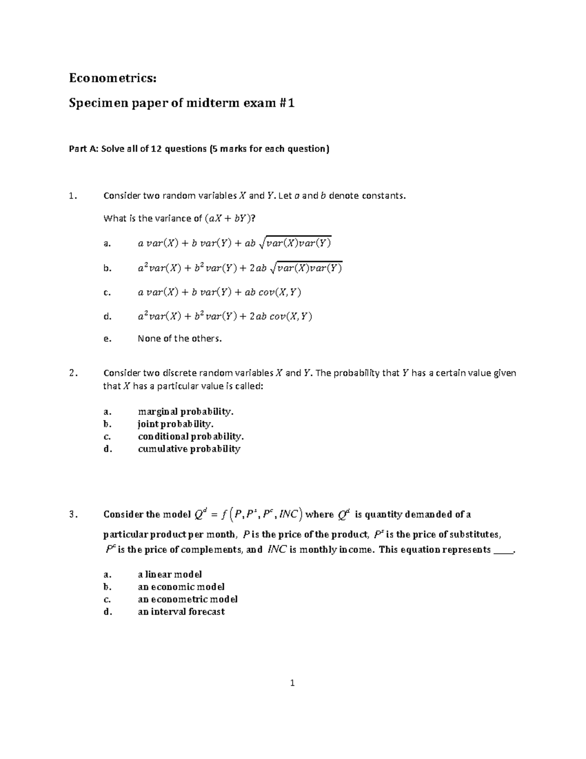 Midterm exam 1 Specimen paper v3 - Econometrics: Specimen paper of ...