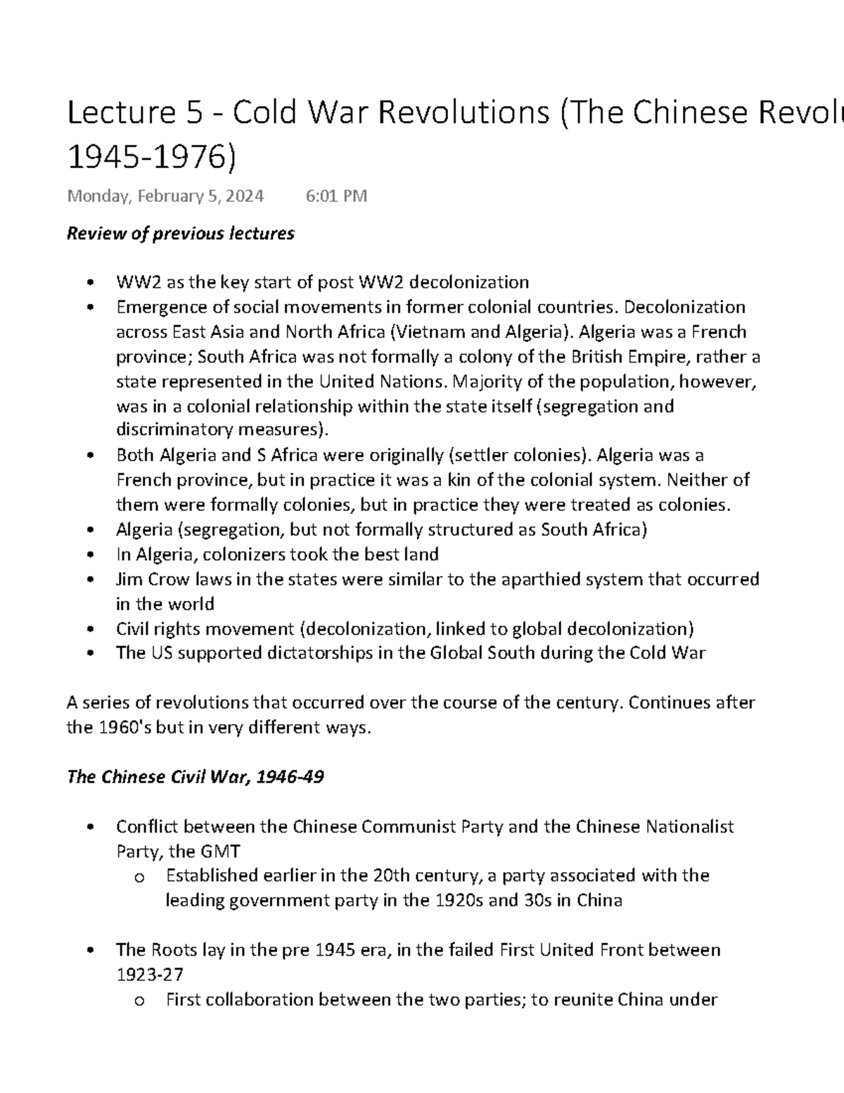 Lecture 5 - Cold War Revolutions (The Chinese Revolution, 1945-1976 ...