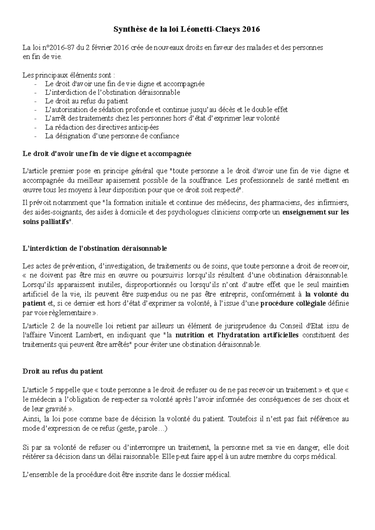 Synthèse Claeys Leonetti - Synthèse de la loi Léonetti-Claeys 2016 La loi n°2016-87 du 2 février ...
