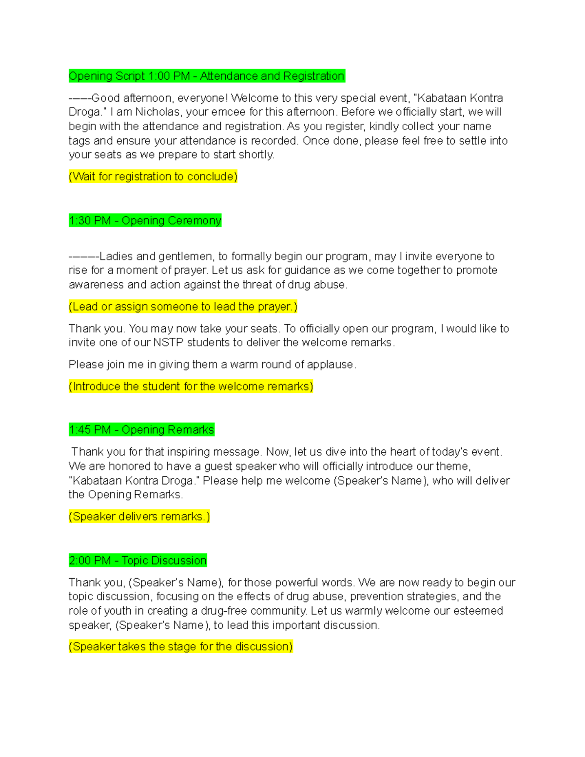 Script FOR NSTP'S Program FLOW - Opening Script 1:00 PM - Attendance ...