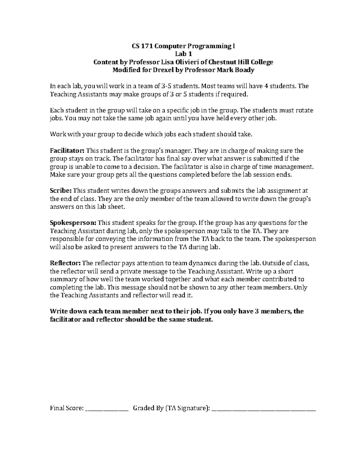 Lab1 - Lab - CS 171 Computer Programming I Lab 1 Content by Professor ...