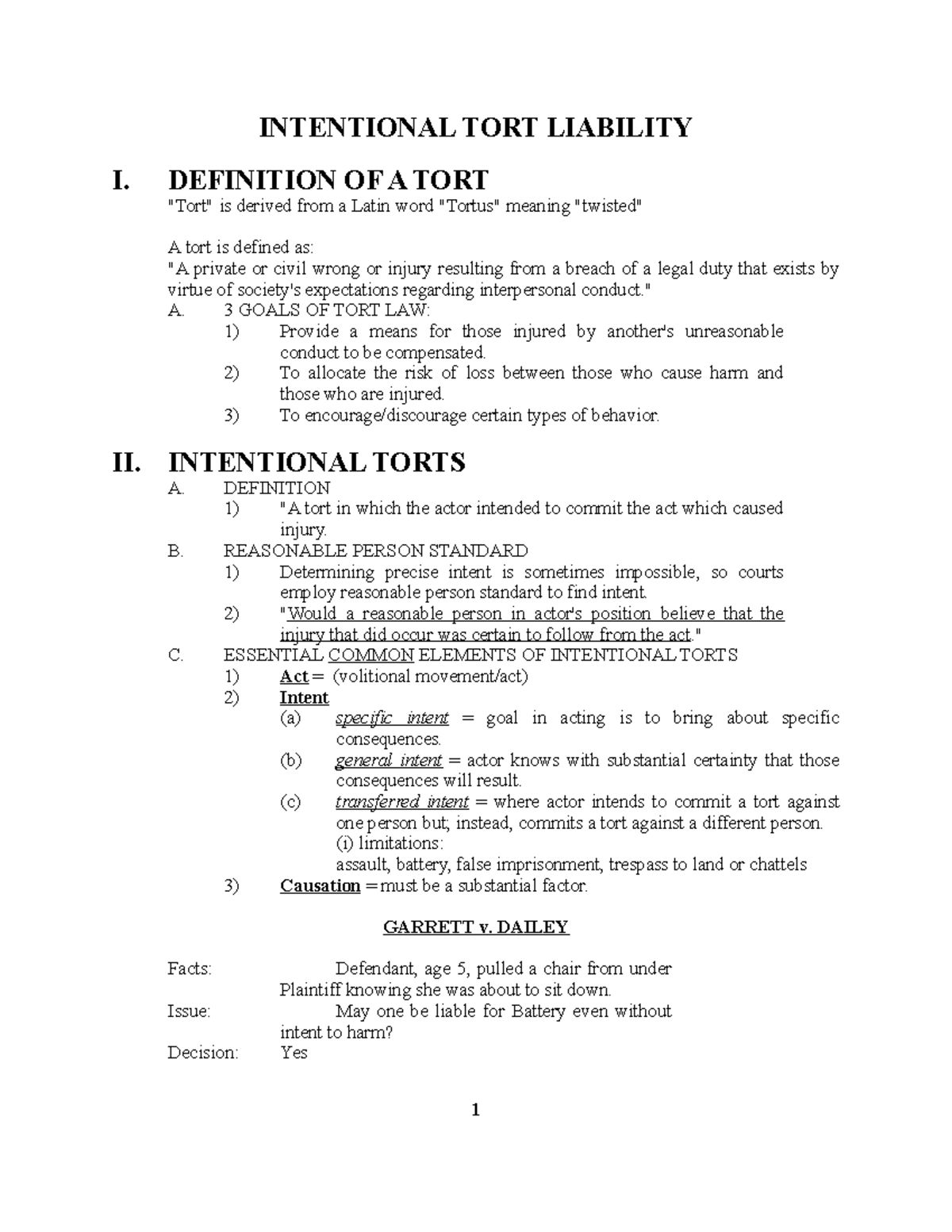 Intentional Torts - INTENTIONAL TORT LIABILITY I. DEFINITION OF A TORT ...