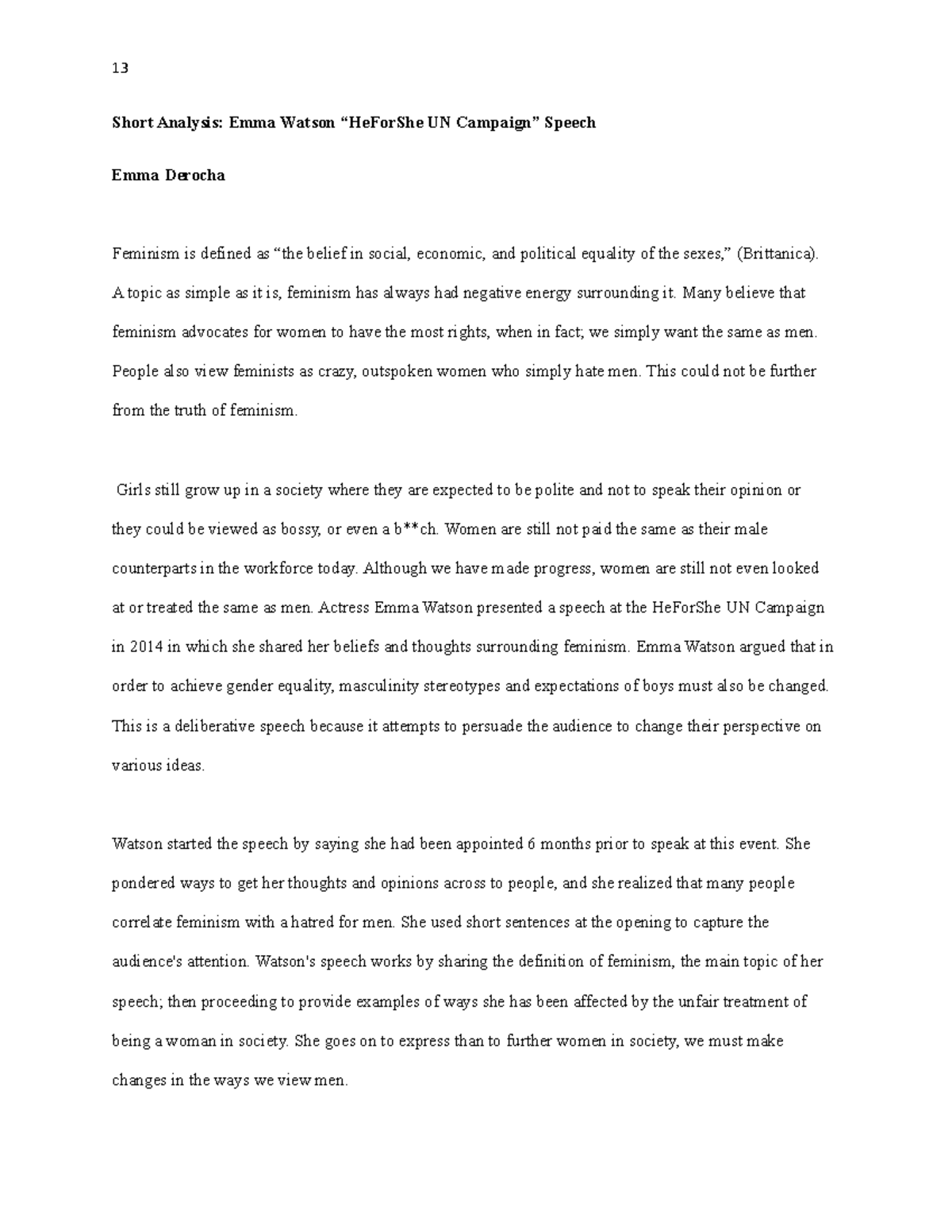 Short Analysis of Emma Watsons He for She Speech - Short Analysis: Emma ...