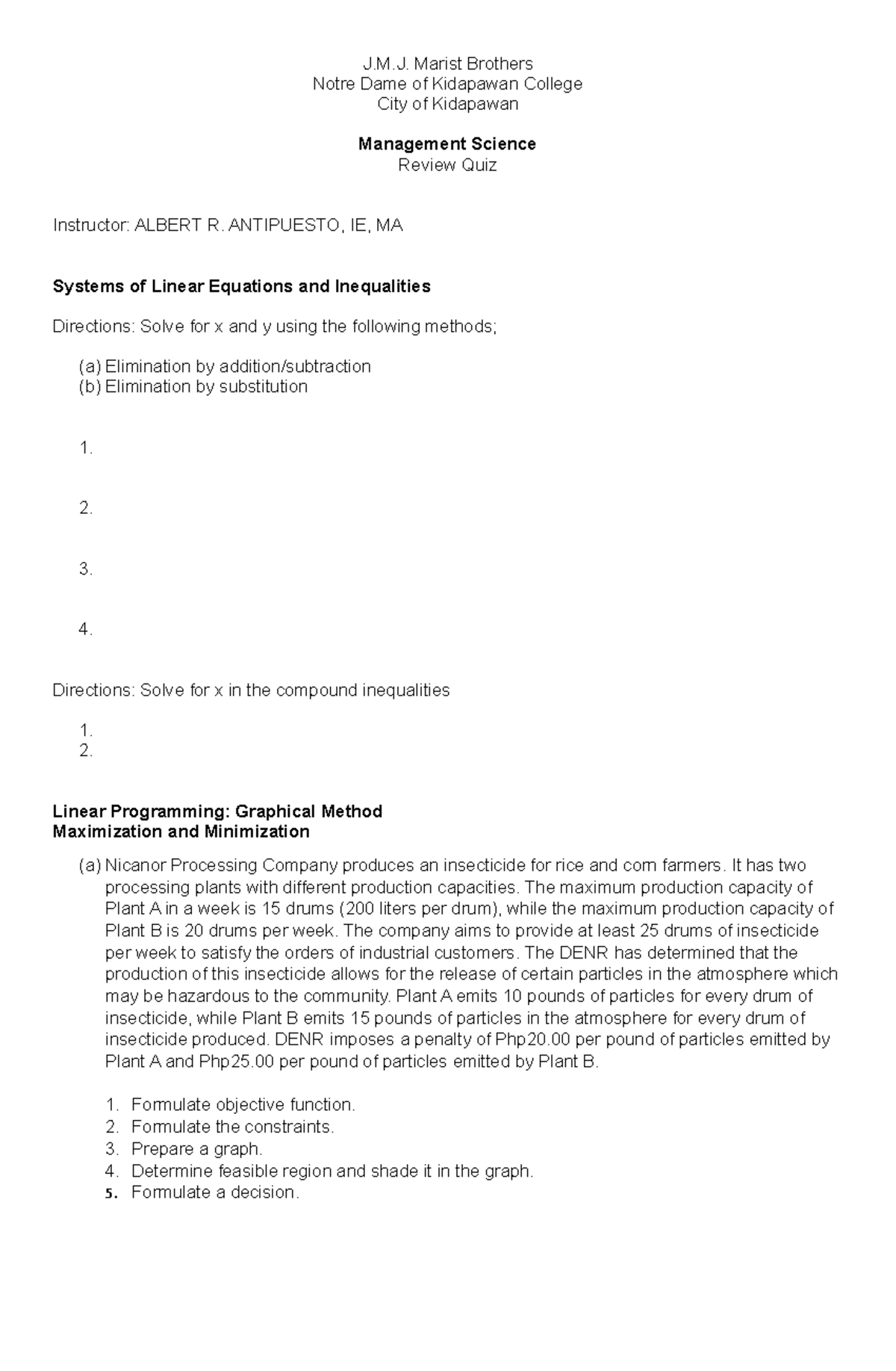 Management Science review quiz - J. Marist Brothers Notre Dame of ...