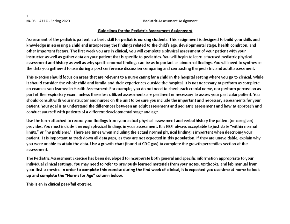 Pediatric Assessment Assignment Guidelines Sp2023 - NURS – 475C ...
