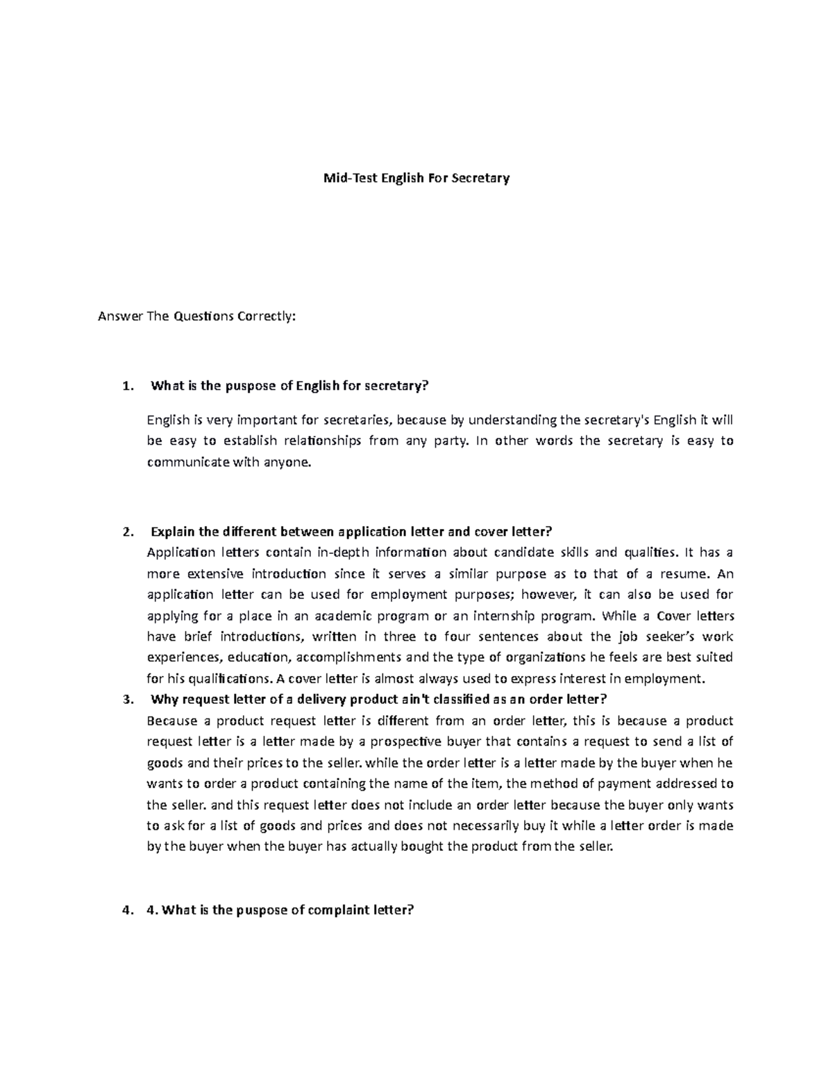 Mid Test English for Secretary - Mid-Test English For Secretary Answer ...