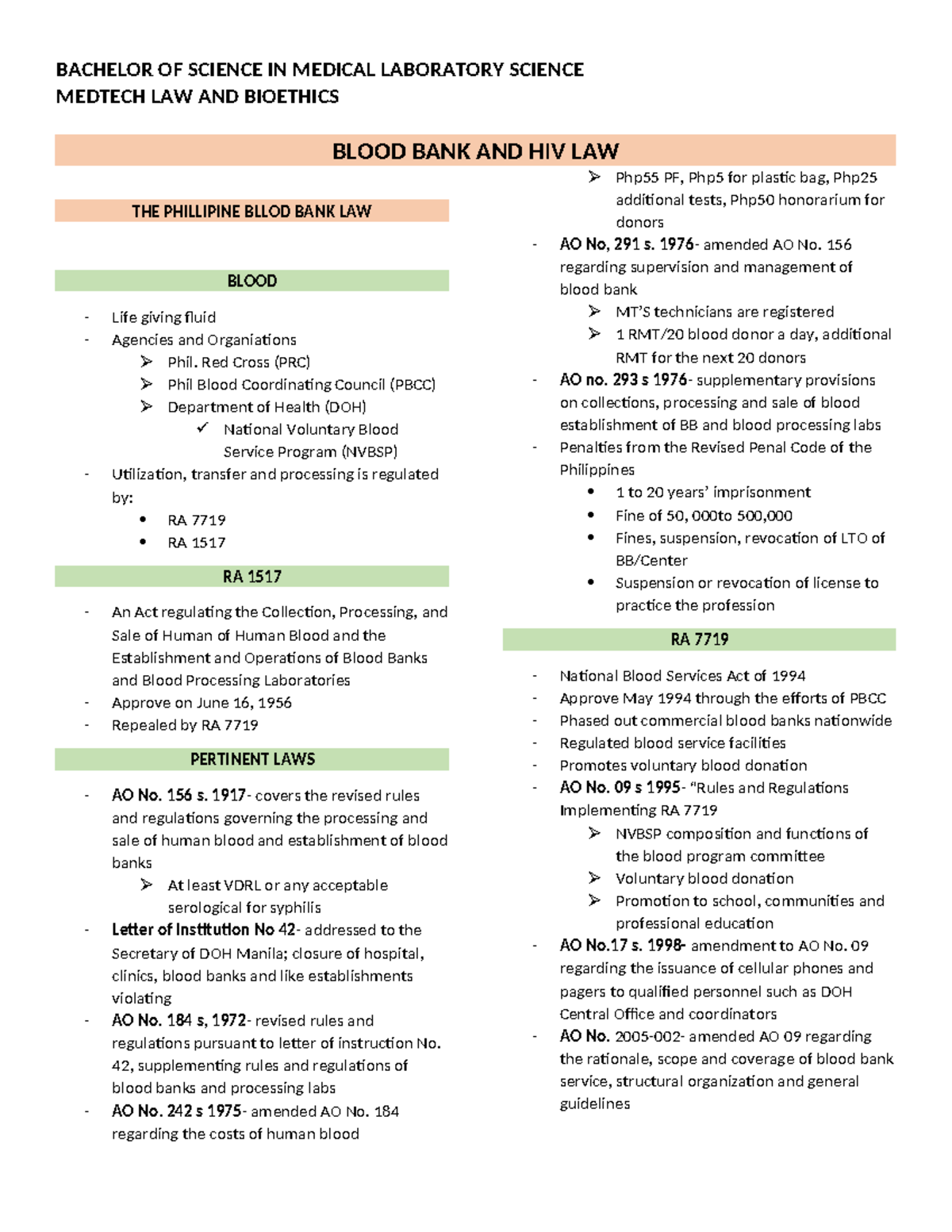 Blood BANK LAW - Summary Medical Laboratory Science - BACHELOR OF ...