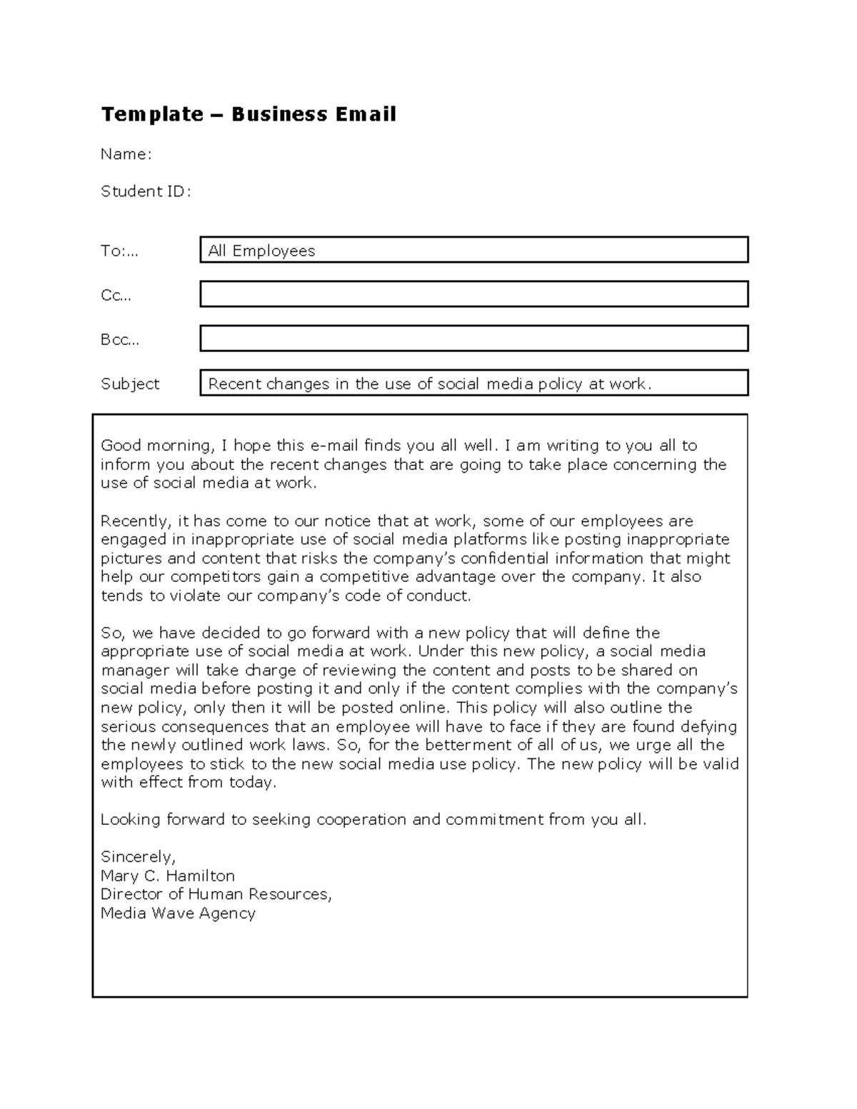 Negative message - Template – Business Email Name: Student ID: To ...