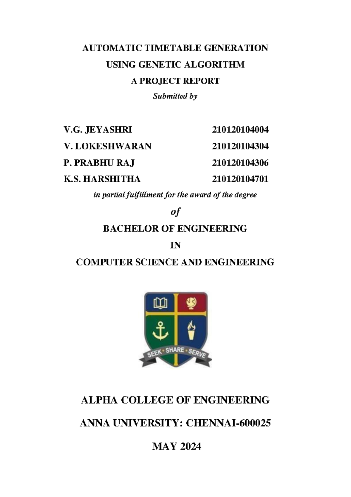 Frontpage - Project Report - AUTOMATIC TIMETABLE GENERATION USING GENETIC ALGORITHM A PROJECT ...