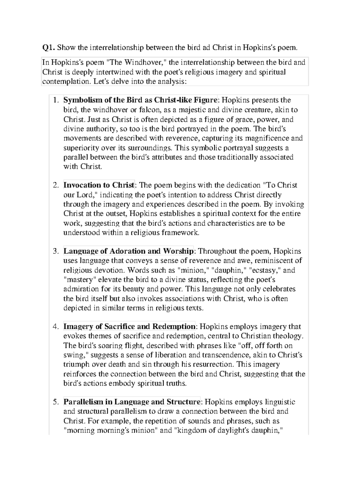 The Windhover by G.M Hopkins- Solved questions - Q1. Show the ...