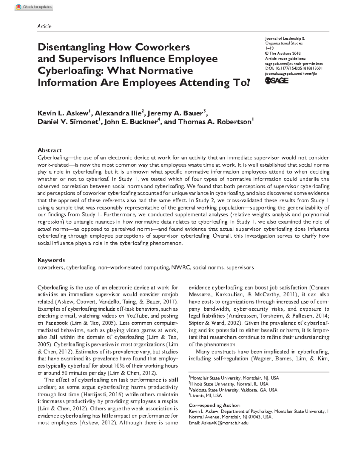Employee cyberloafing - doi/10.1177/ Journal of Leadership ...