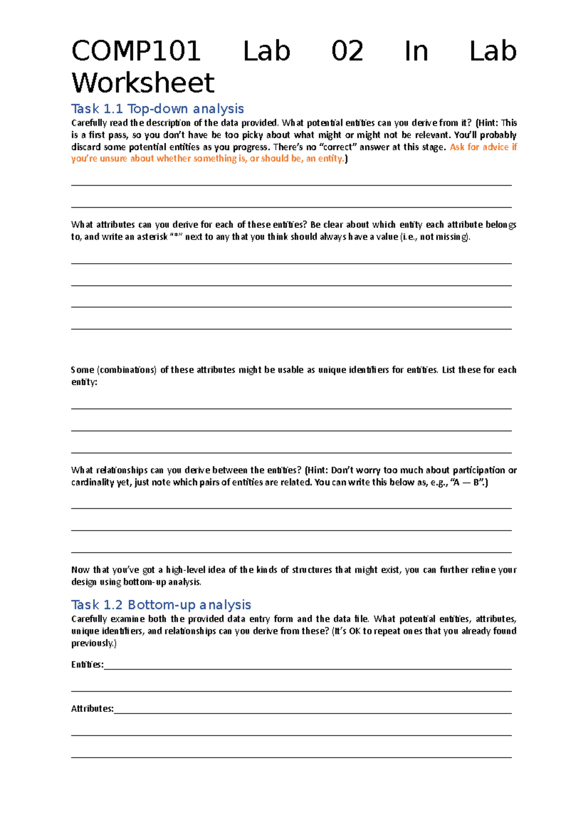 COMP101 Lab02 Worksheet - COMP101 Lab 02 In Lab Worksheet Task 1 Top-down analysis Carefully ...